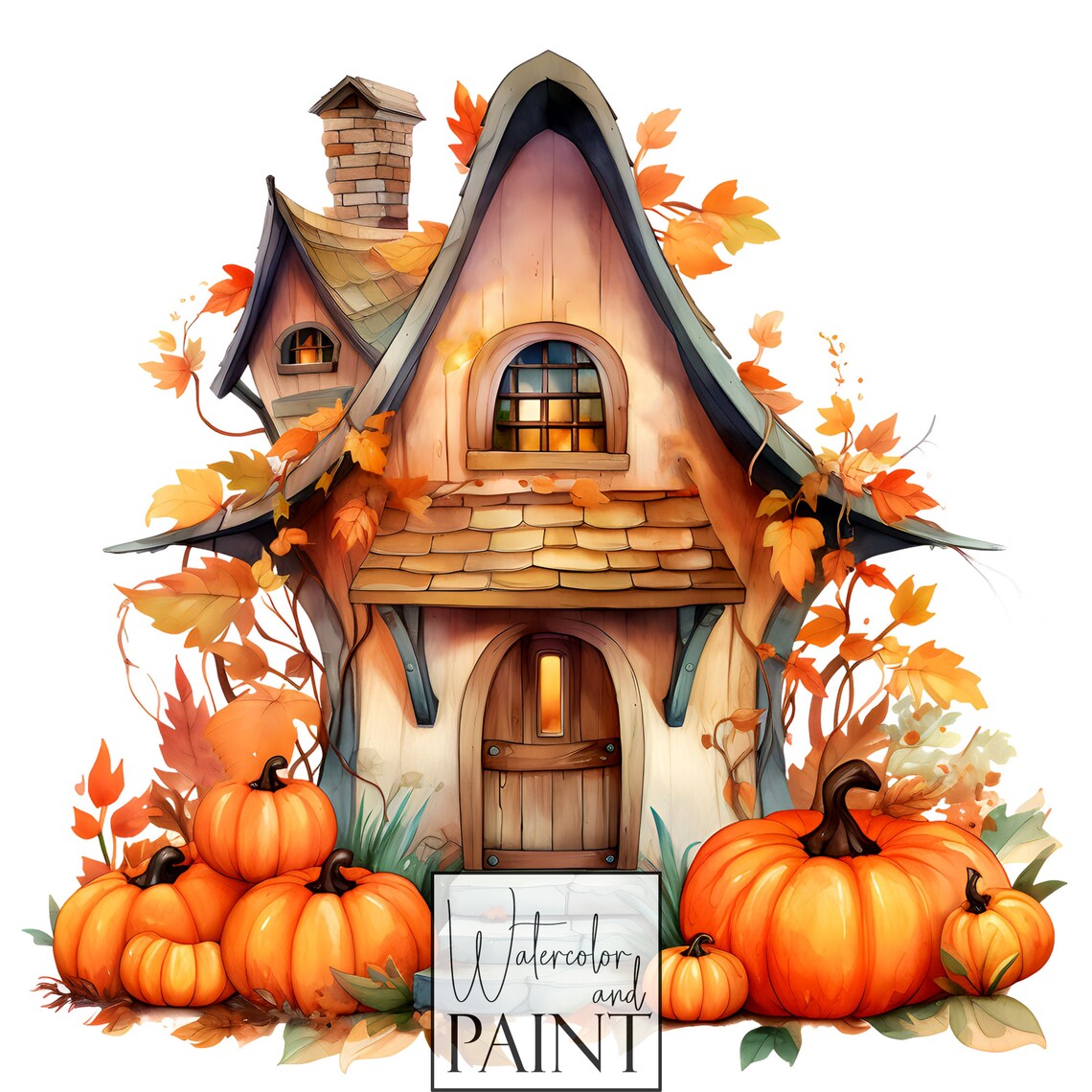 Cute Pumpkin House Clipart, Watercolor Fall Elements, PNG Format, POD ...