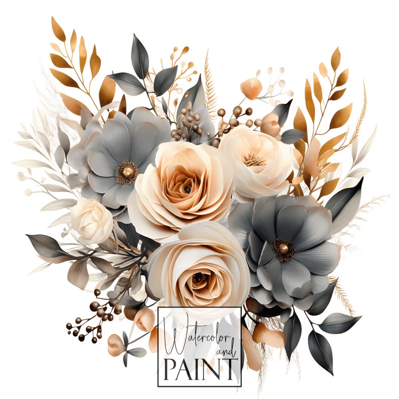 Beige and Gray Flowers, Watercolor Floral, PNG Format, Instant Download ...