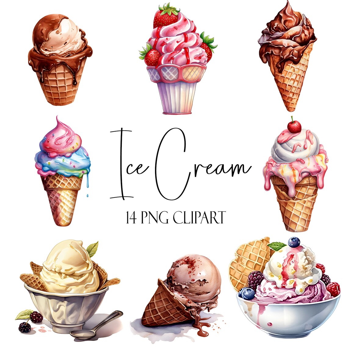 Ice Cream Clipart, Sundae Elements, Watercolor Graphics, PNG Format ...