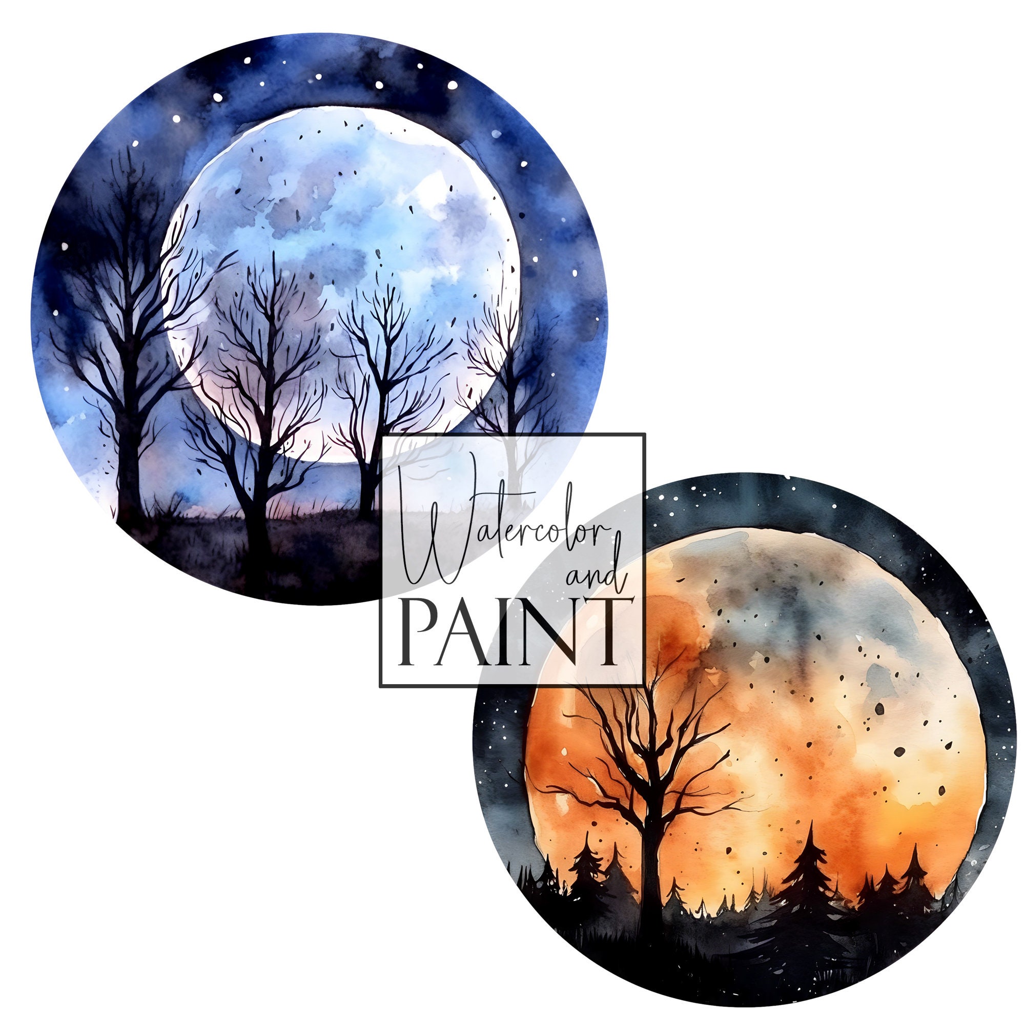 Halloween Full Moon Clipart, Watercolor Elements, PNG Format, Instant ...