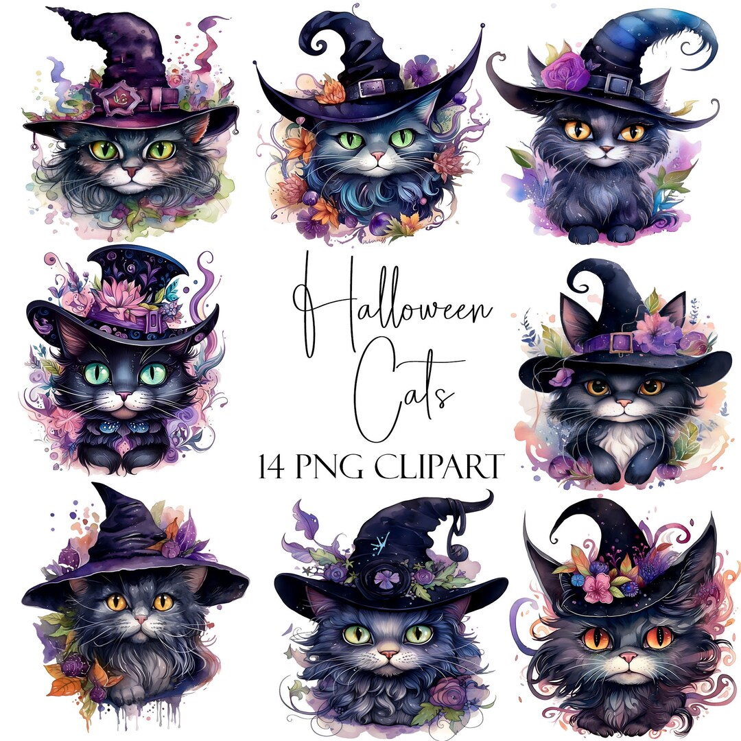 Halloween Cat Clipart, Watercolor Elements, PNG Format, Instant ...