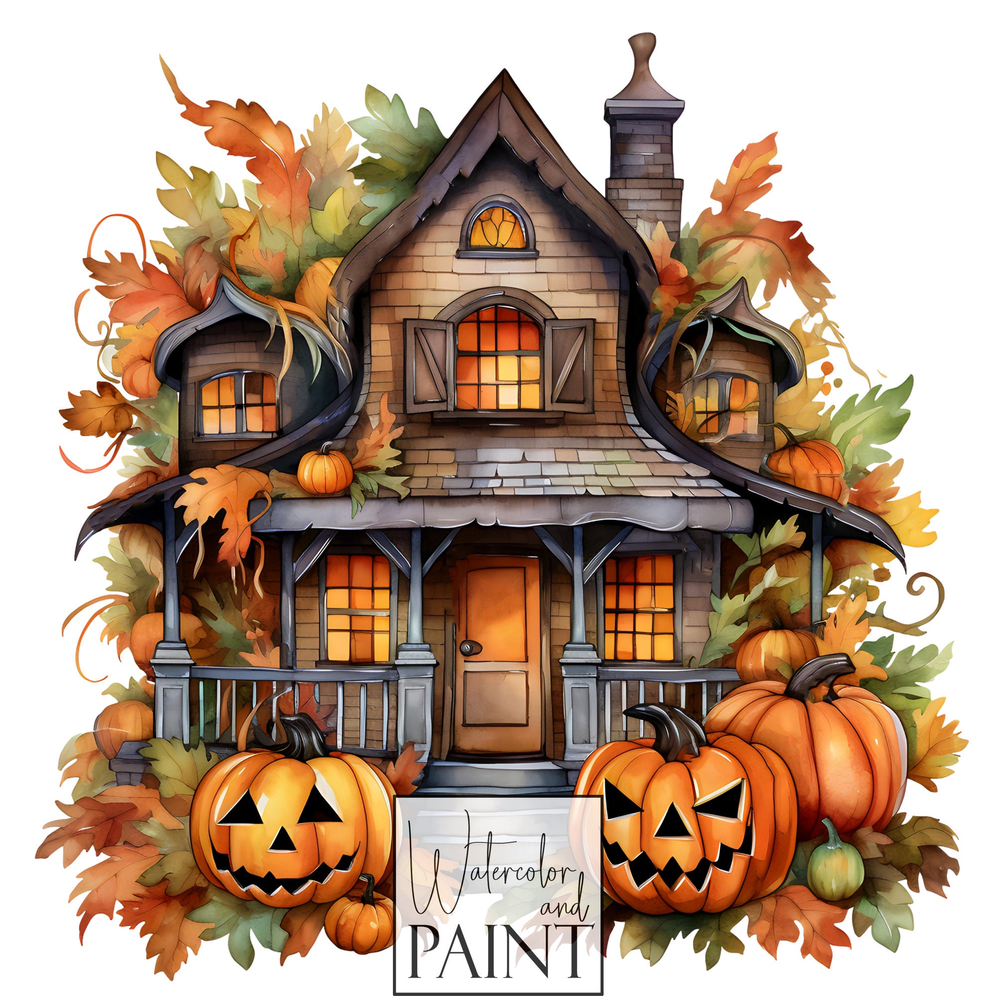 Cute Pumpkin House Clipart, Watercolor Fall Elements, PNG Format, POD ...