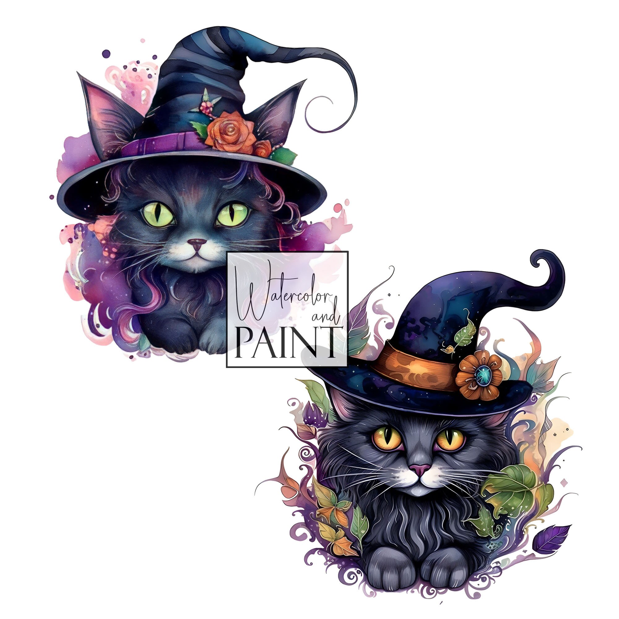 Halloween Cat Clipart, Watercolor Elements, PNG Format, Instant ...