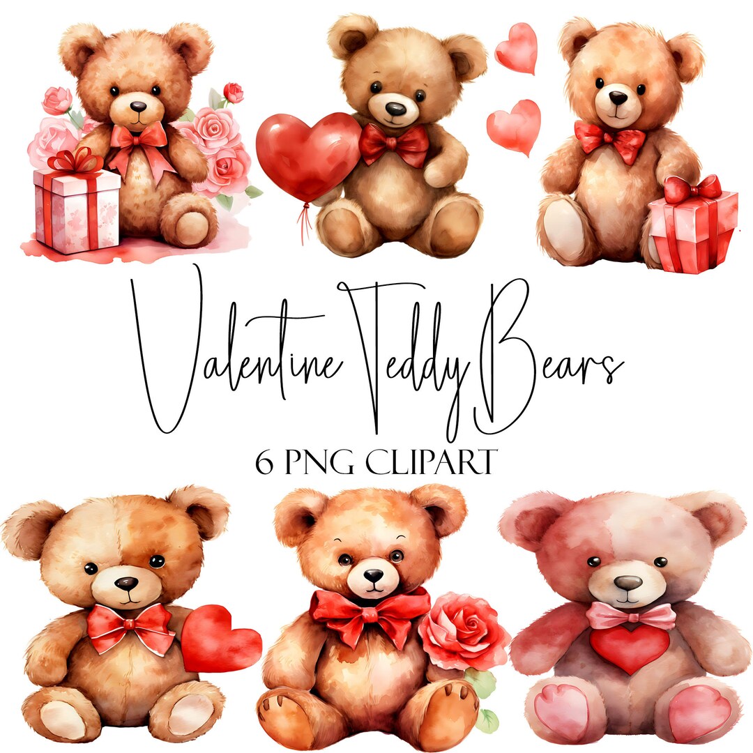 Valentine Teddy Bear, Watercolor Clipart, PNG Format, Instant Download ...