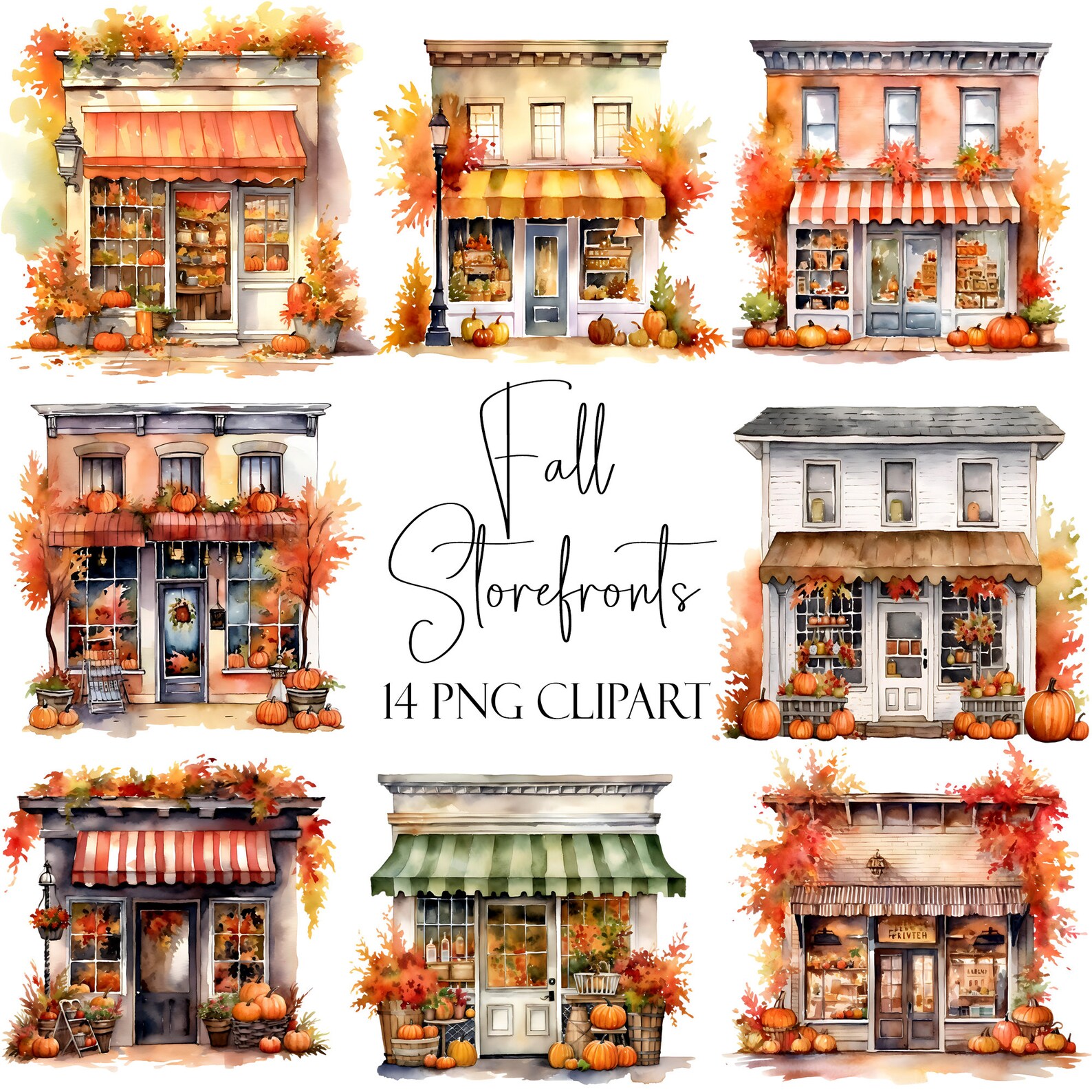 Fall Storefront Clipart, Watercolor Autumn Elements, Instant Download ...