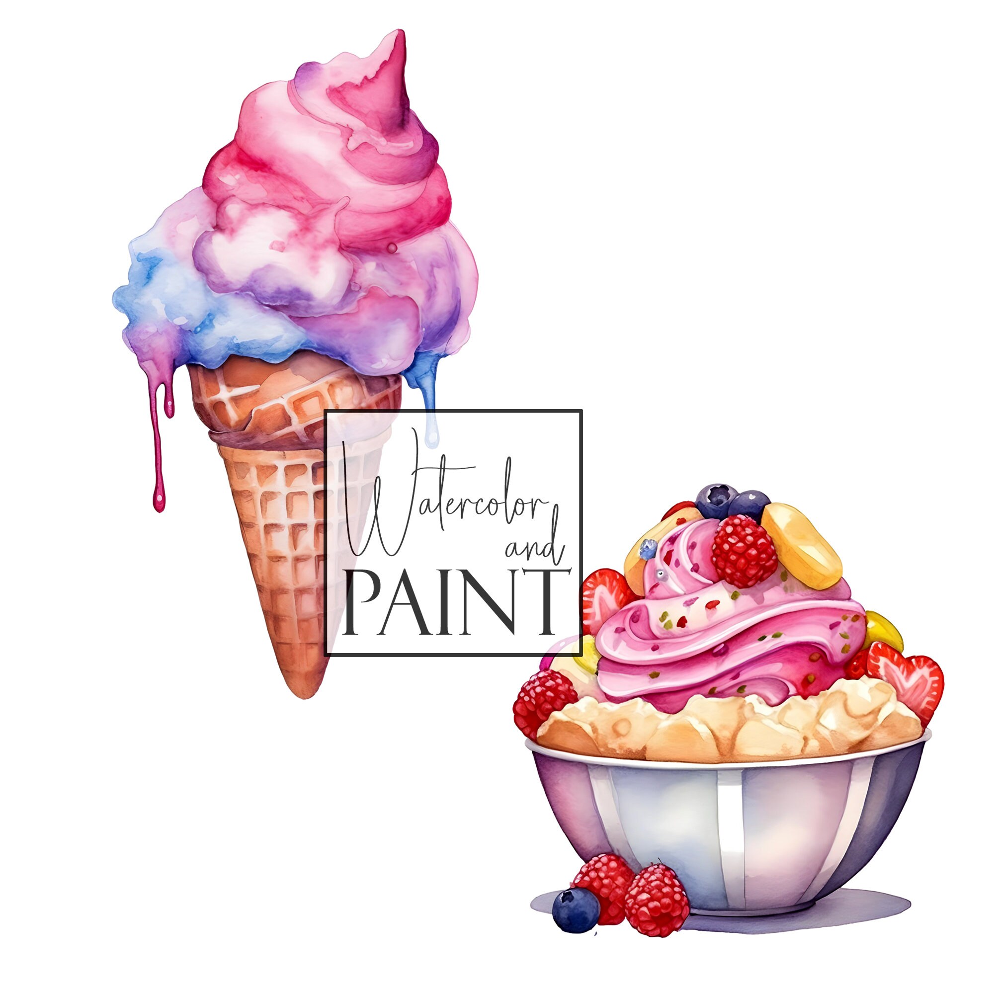 Ice Cream Clipart, Sundae Elements, Watercolor Graphics, PNG Format ...