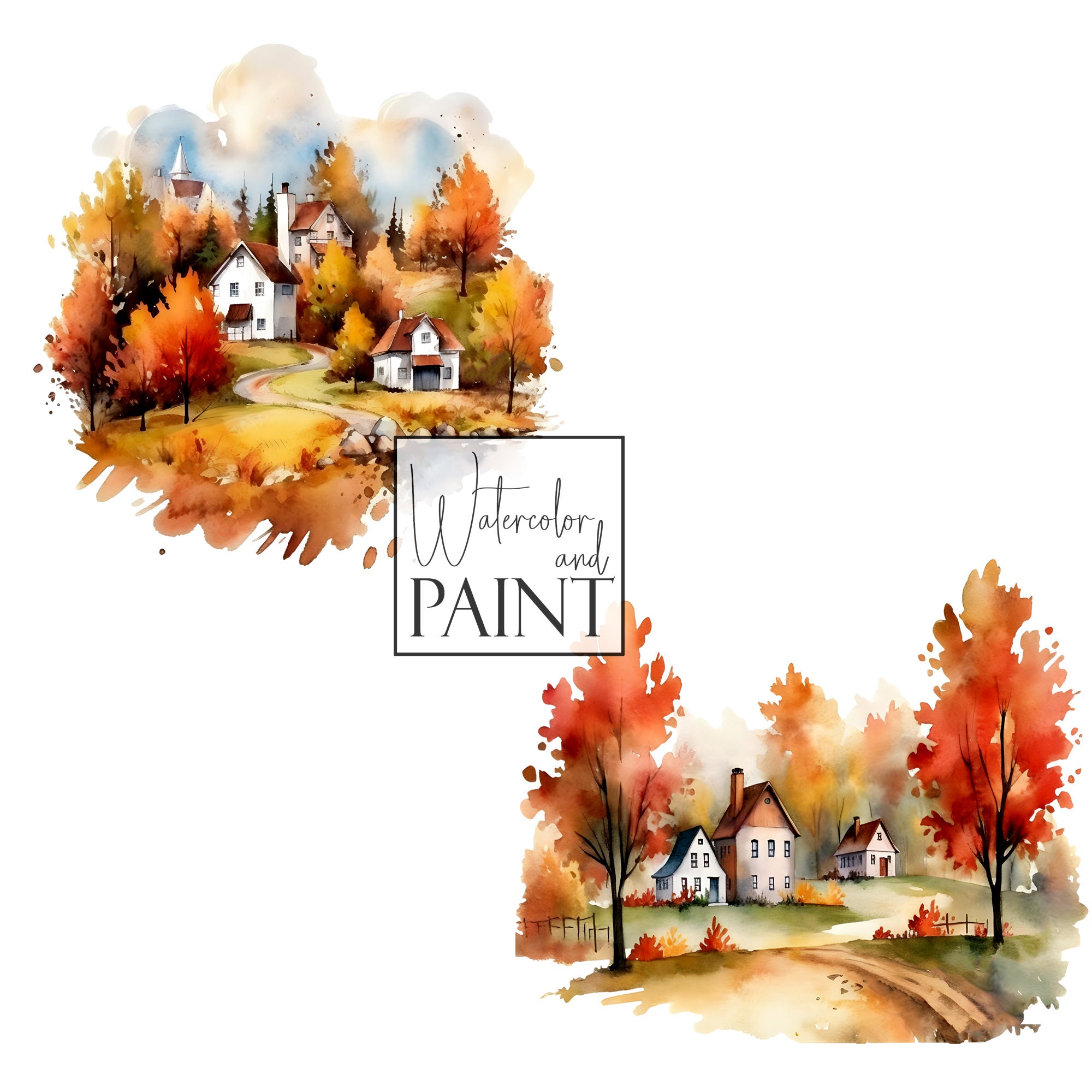 Fall Village Clipart, Watercolor Autumn Elements, PNG Format, Instant ...
