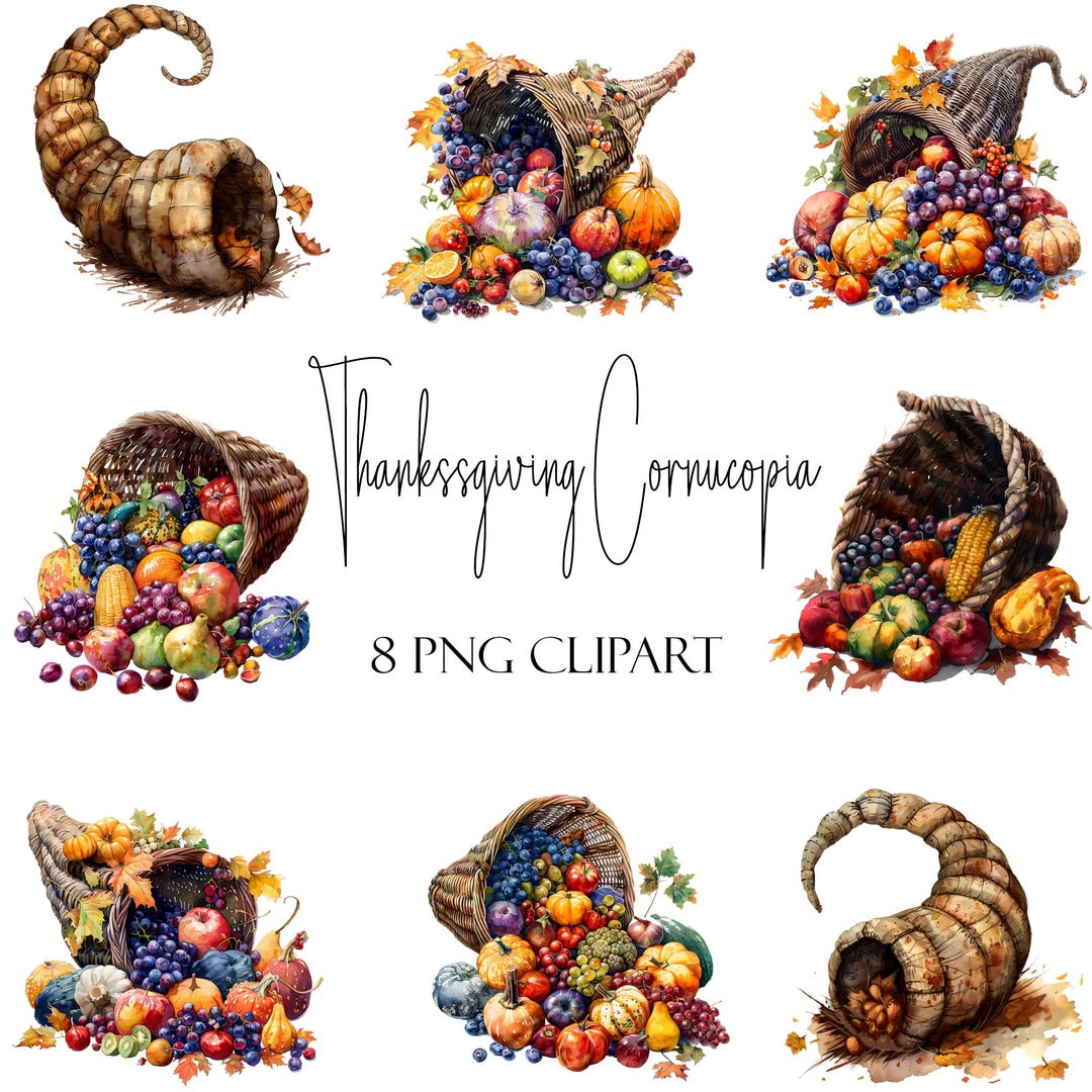 Thanksgiving Cornucopia, Watercolor Clipart, 8 Pngs, Instant Download ...