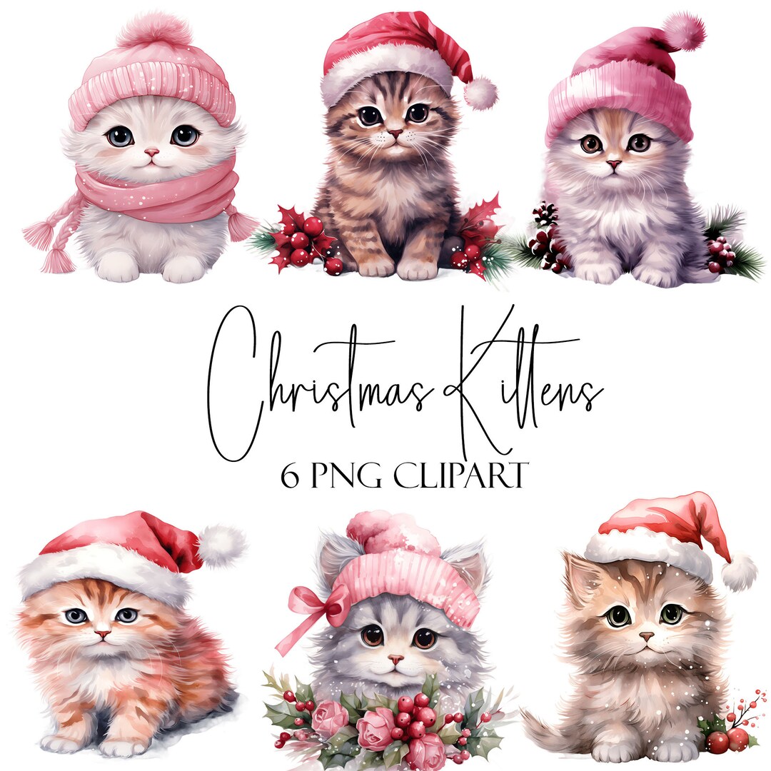 Christmas Kittens, Watercolor Clipart, PNG Format, Instant Download ...