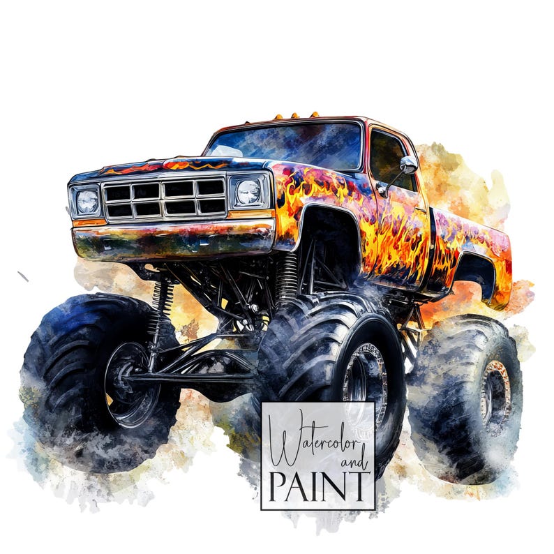 Watercolor Monster Truck Clipart Bundle, 8 Transparent Pngs, Commercial ...