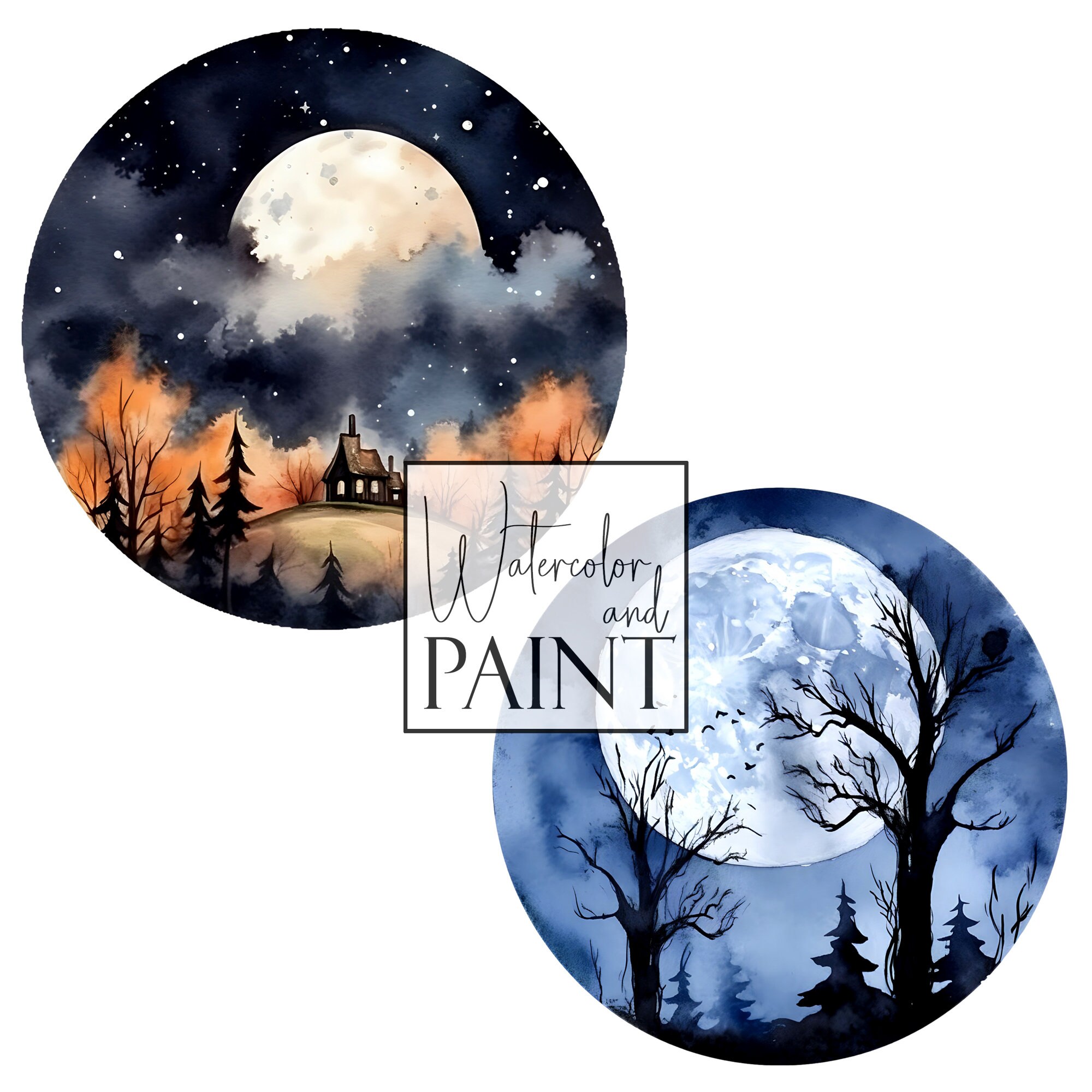 Halloween Full Moon Clipart, Watercolor Elements, PNG Format, Instant Download, POD Use ...