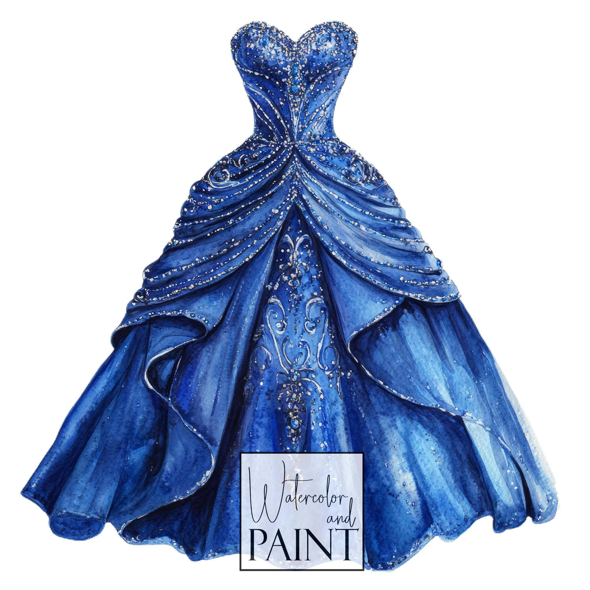 Watercolor Royal Blue Gown Clipart Set: Fashion Dress Graphics (8 Pngs ...