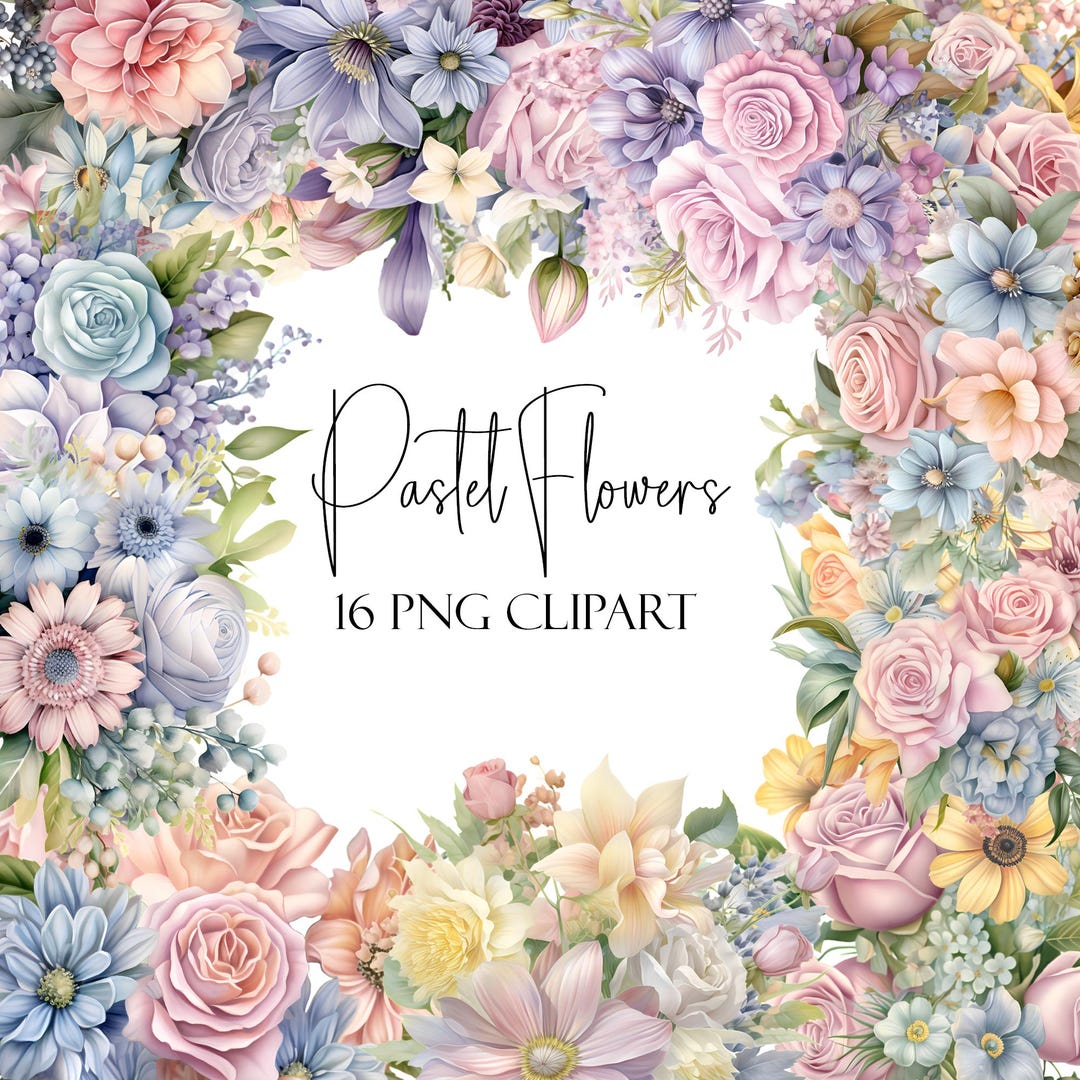 Pastel Flowers, Watercolor Floral Clipart, 16 Pngs, Instant Download ...