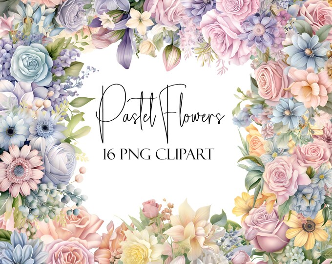 Pastel Flowers, Watercolor Floral Clipart, 16 Pngs, Instant Download ...