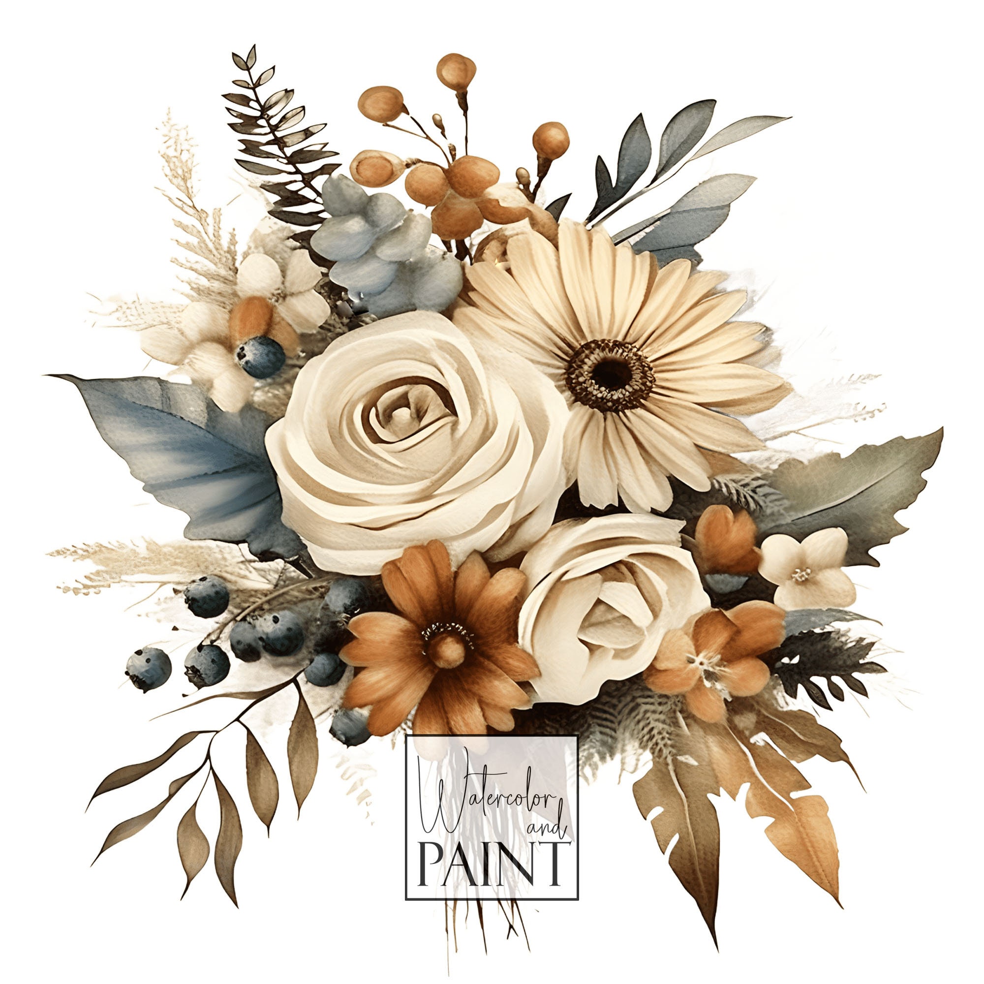 Boho Neutral Floral Clipart, Watercolor Elements, PNG Format, Instant ...