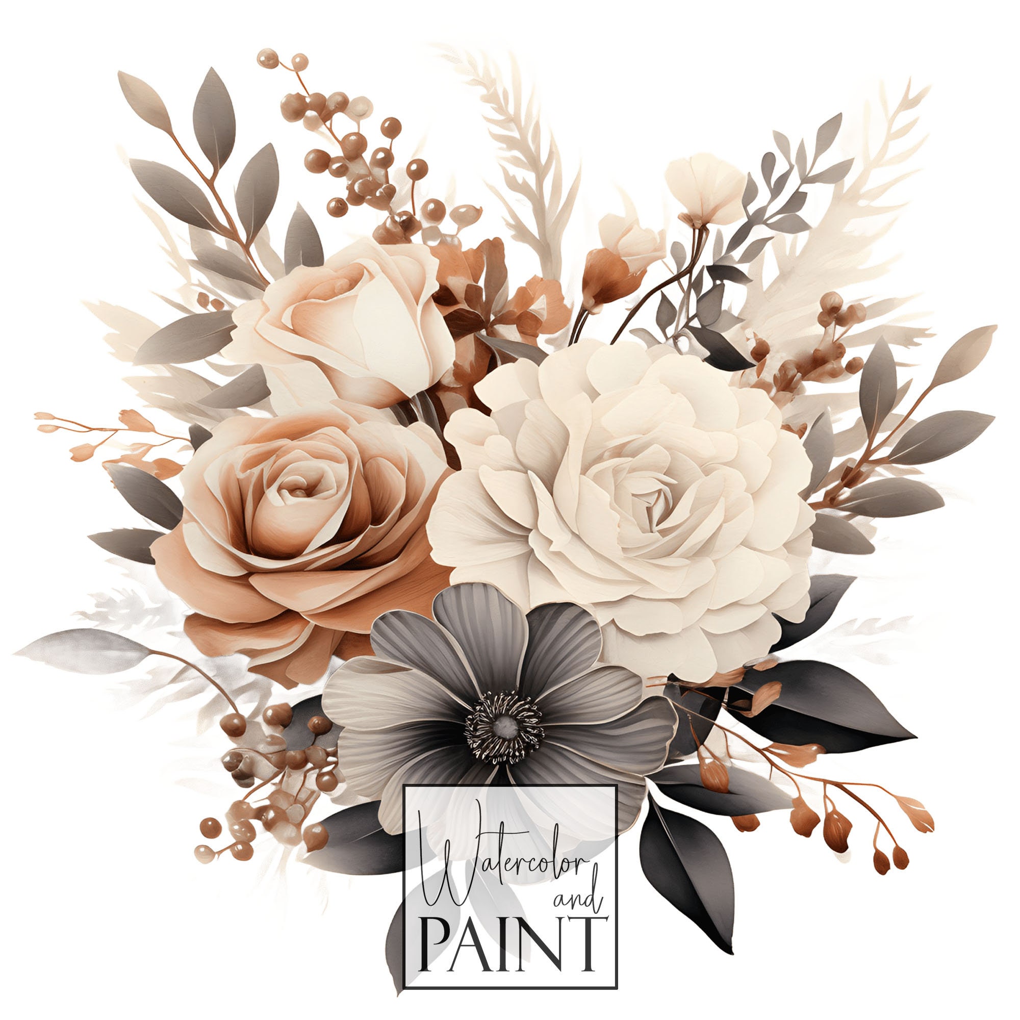 Beige and Gray Flowers, Watercolor Floral, PNG Format, Instant Download ...