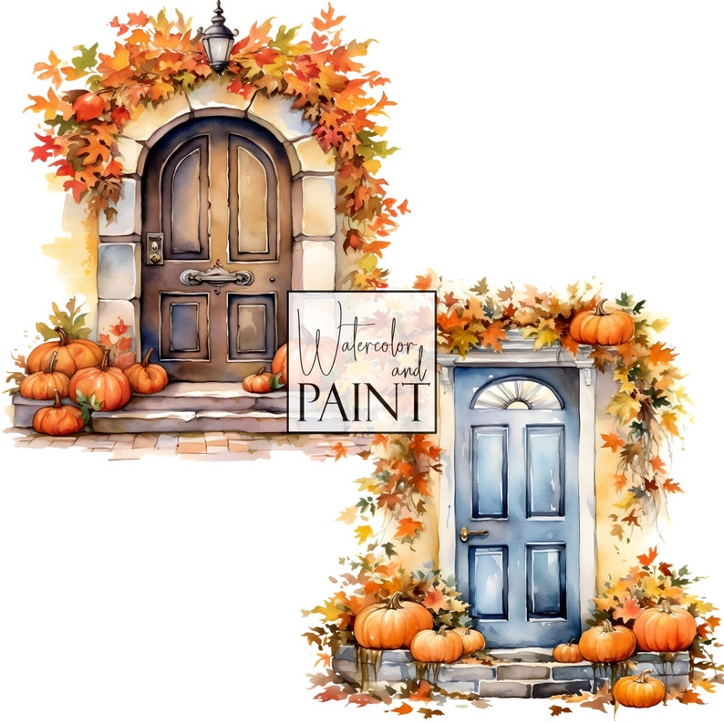 Fall Front Door Clipart Watercolor Autumn Elements PNG - Etsy