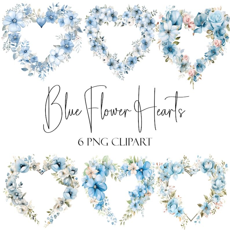 Blue Flower Hearts, Watercolor Clipart, PNG Format, Instant Download ...