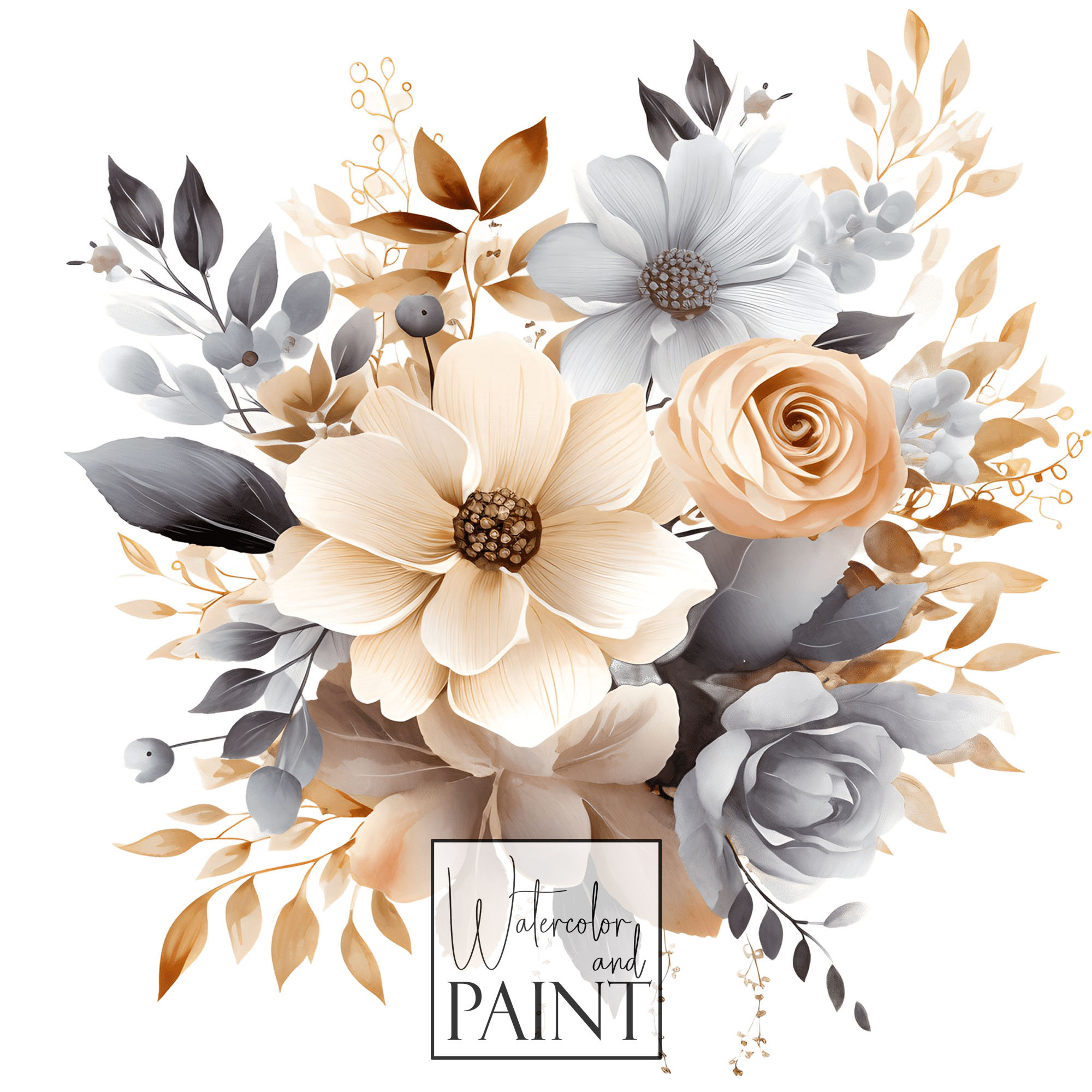 Beige and Gray Flowers, Watercolor Floral, PNG Format, Instant Download ...