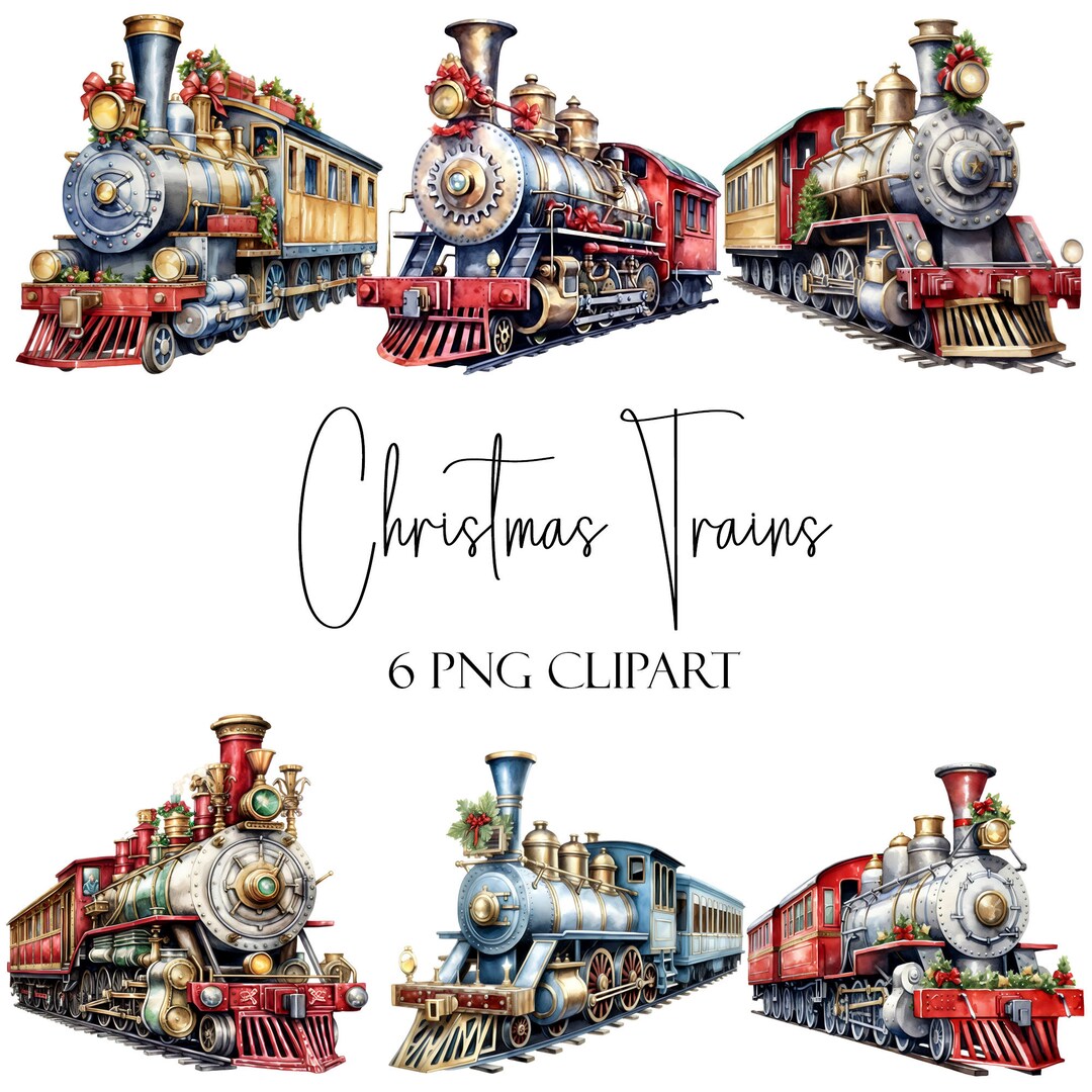 Christmas Trains, Watercolor Clipart, PNG Format, Instant Download ...