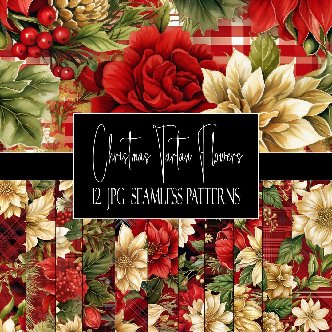 Christmas Tartan Flowers, Seamless Patterns, Holiday Papers, 12 Jpgs ...