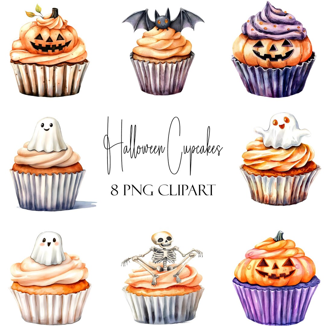Halloween Cupcakes, Watercolor Clipart, 8 Pngs, Instant Download ...