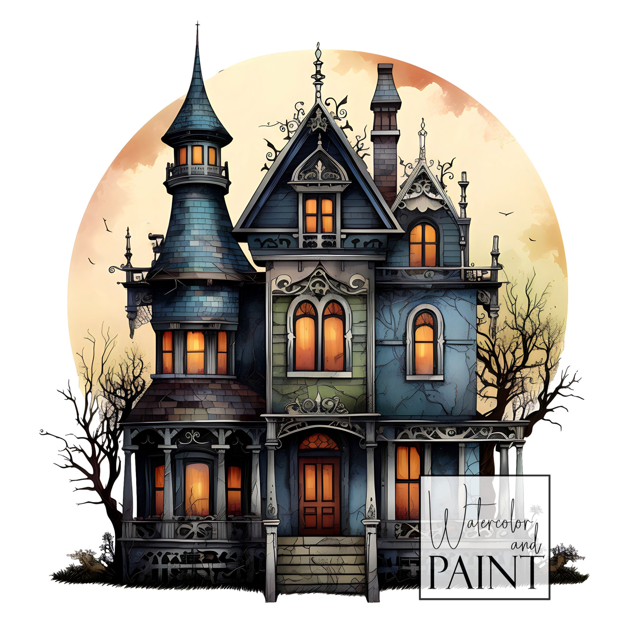 Haunted House Clipart, Watercolor Halloween Elements, PNG Format ...