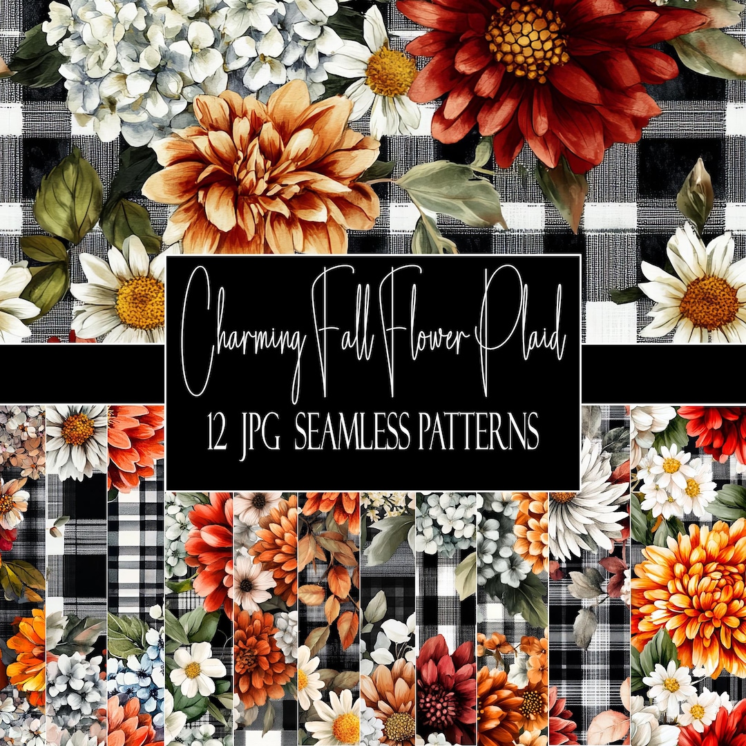 Fall Flower Plaid Seamless Patterns: Watercolor Designs (12 Jpgs ...