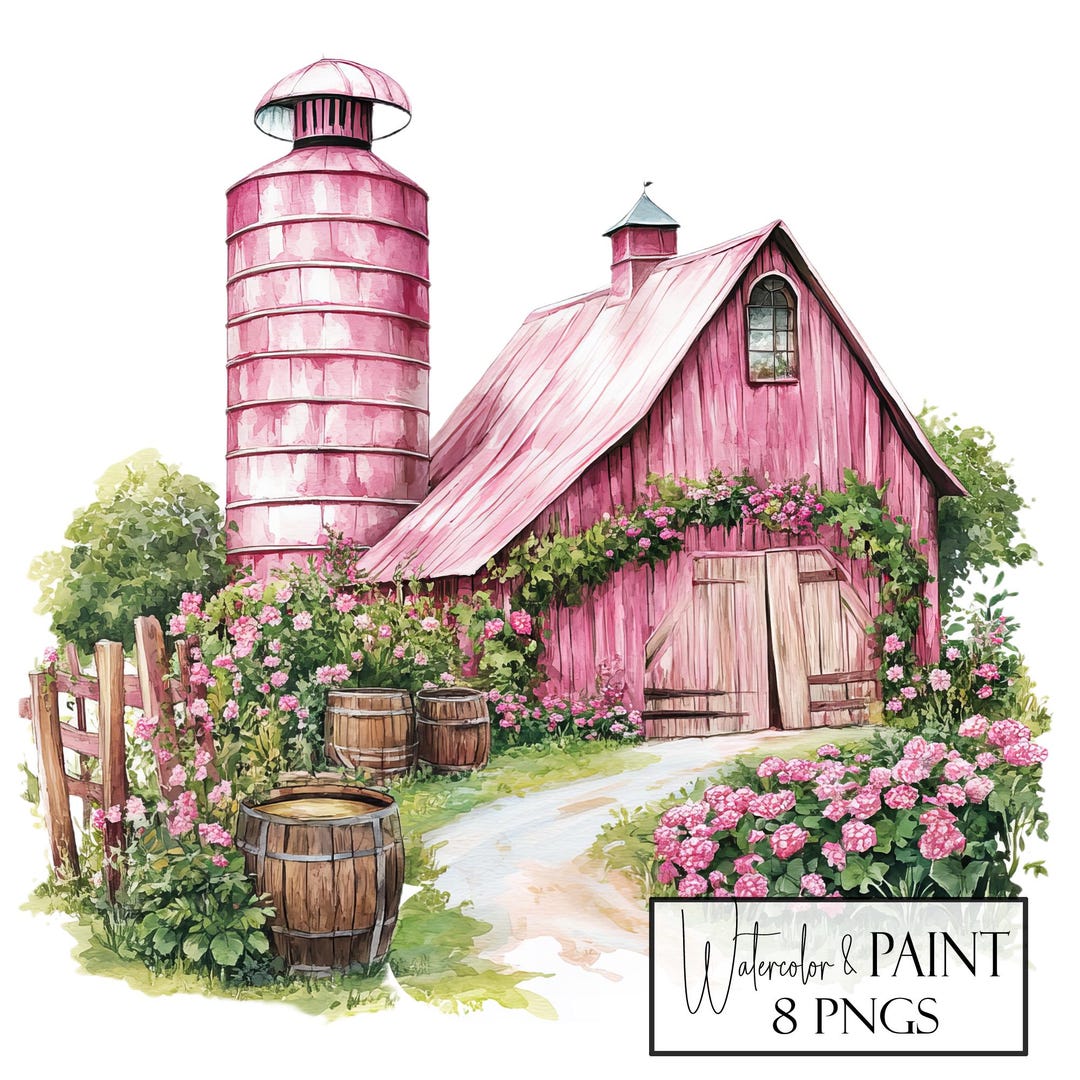 Watercolor Pink Barn Scene Clipart Collection, 8 Transparent Pngs ...
