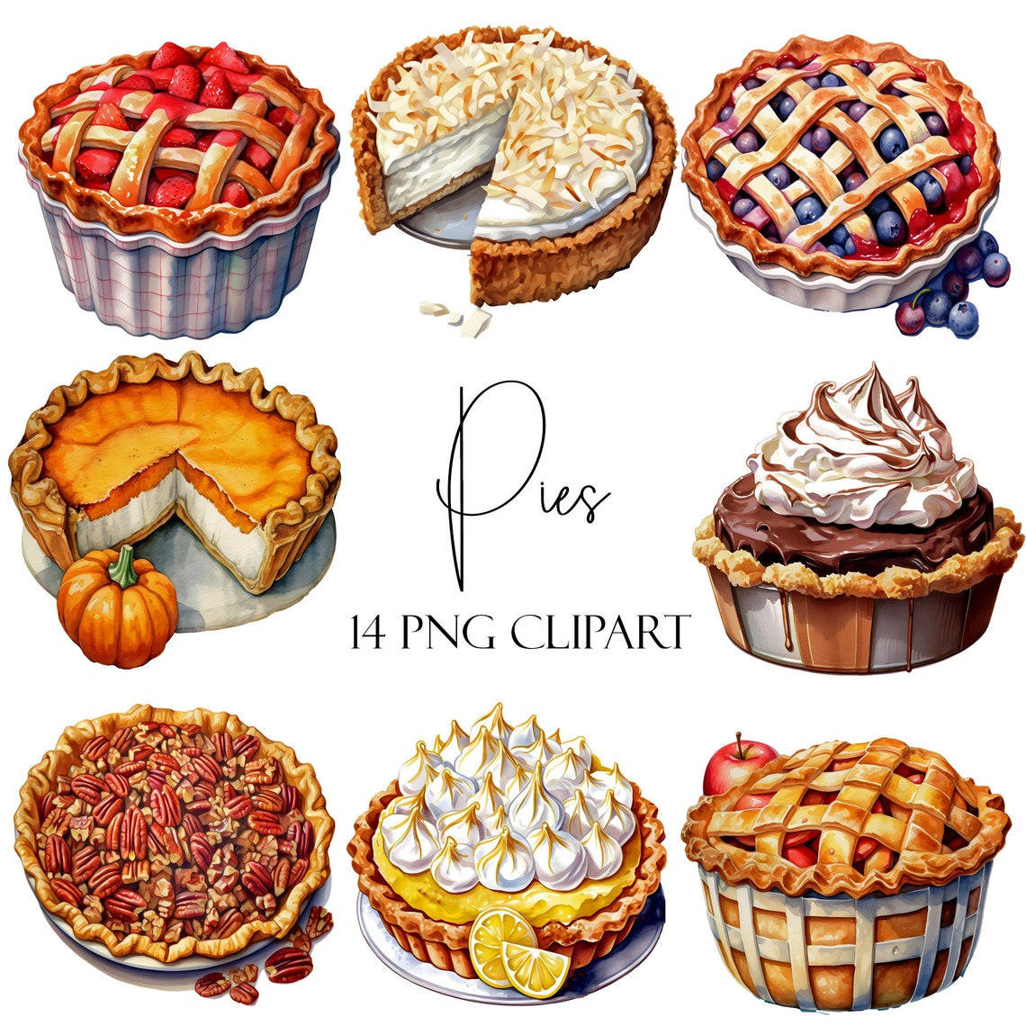 Pie Clipart, Thanksgiving Elements, Watercolor Graphics, Instant ...