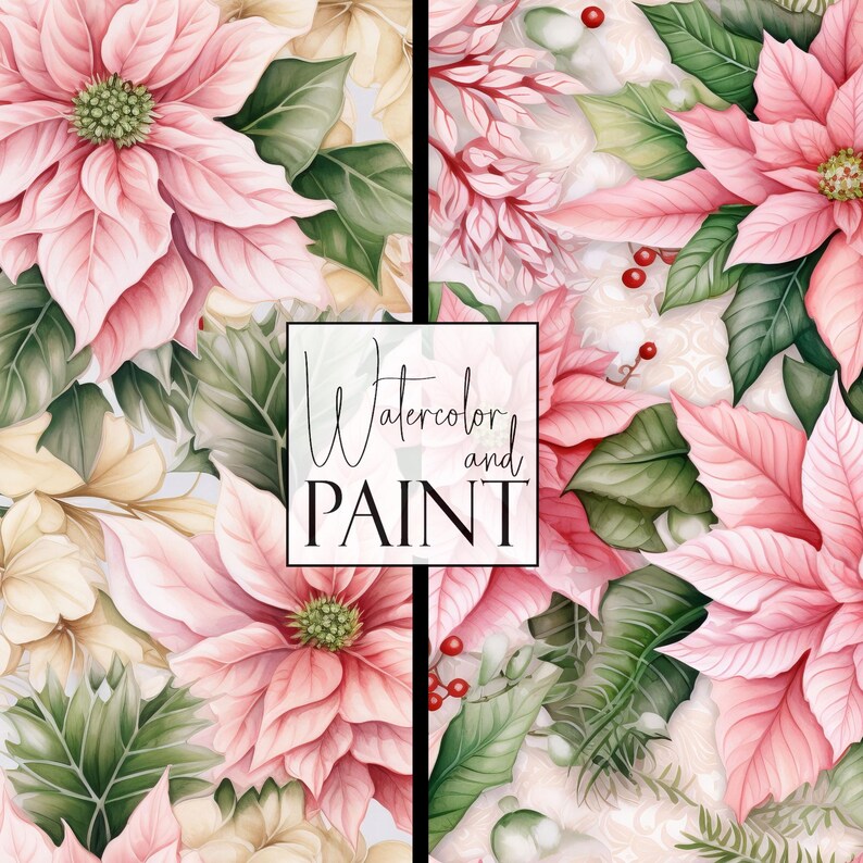 Pink Poinsettia, Seamless Patterns, Christmas Papers, 12 Jpgs, Instant ...
