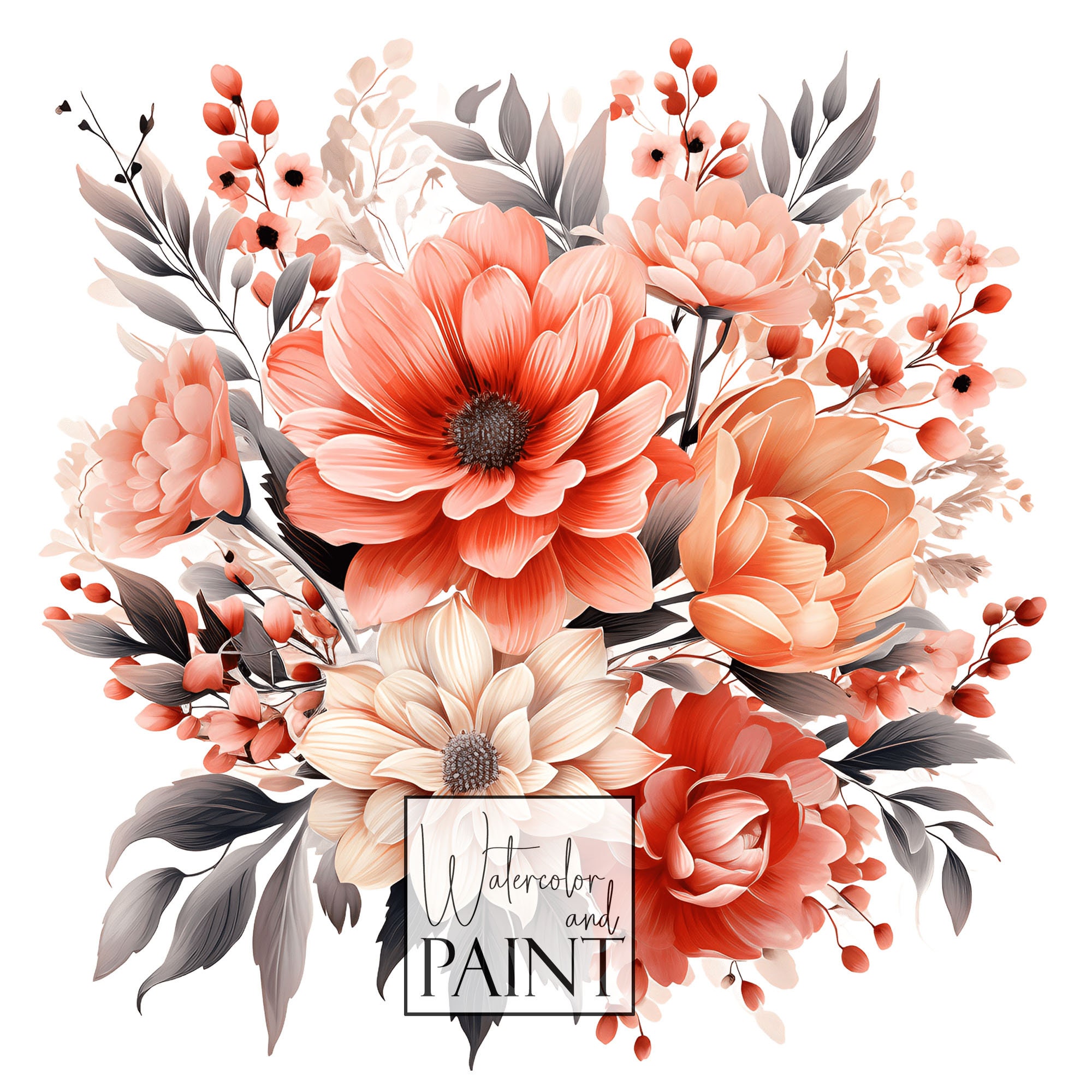 Coral Flowers, Watercolor Floral, PNG Format, Instant Download ...