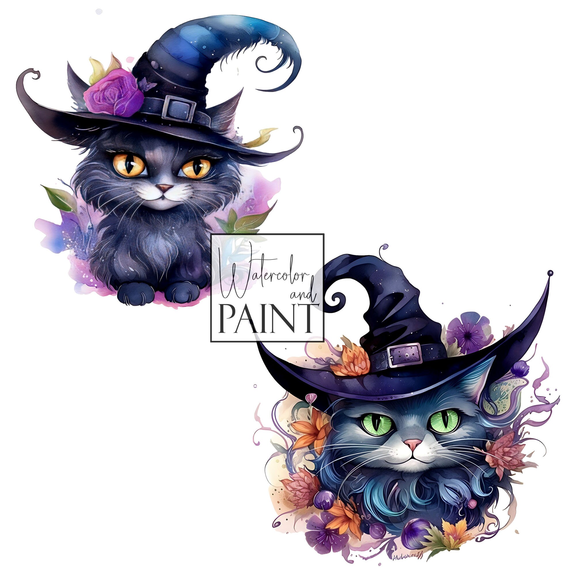 Halloween Cat Clipart, Watercolor Elements, PNG Format, Instant ...