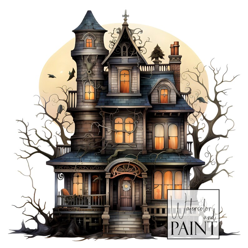 Haunted House Clipart, Watercolor Halloween Elements, PNG Format ...