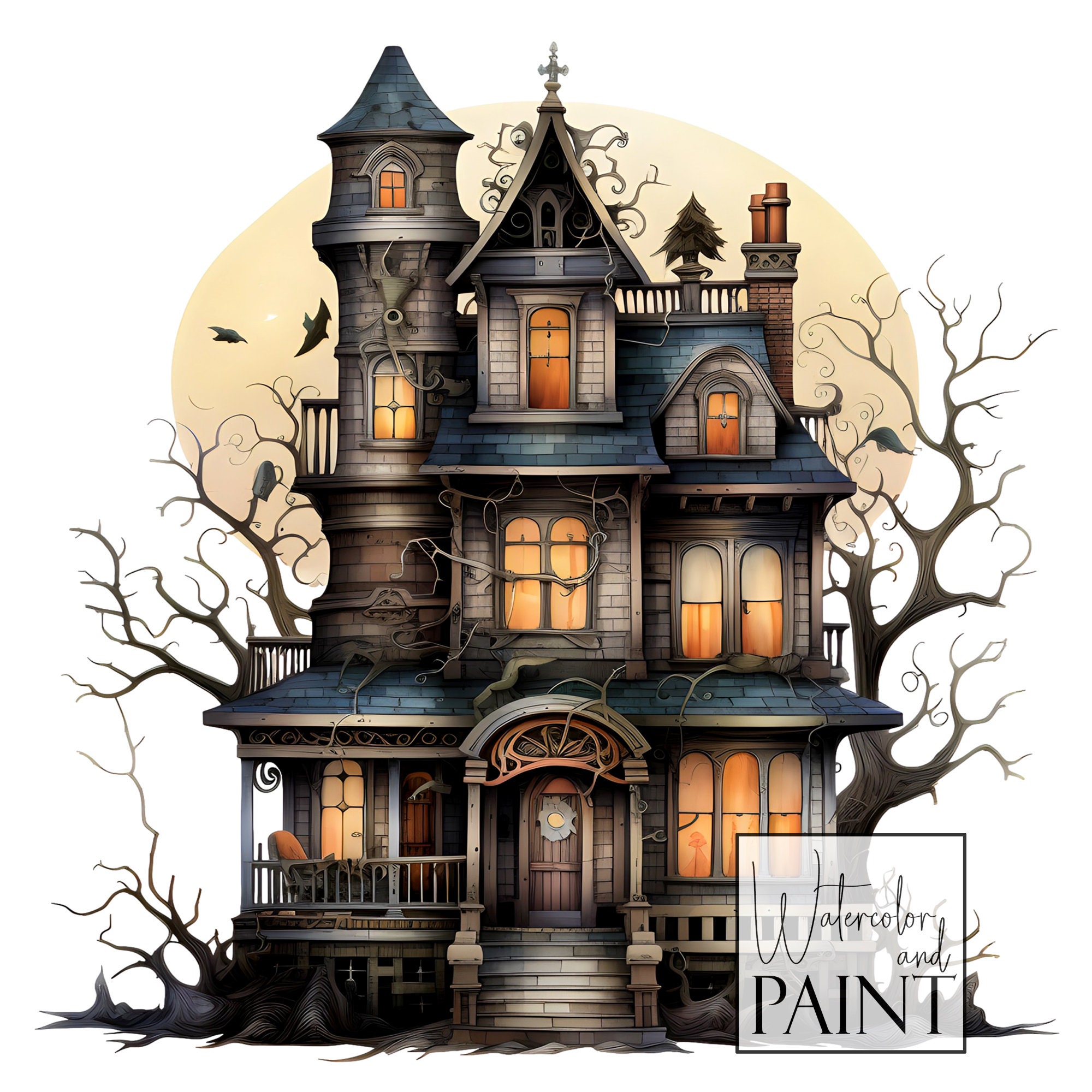Haunted House Clipart, Watercolor Halloween Elements, PNG Format ...