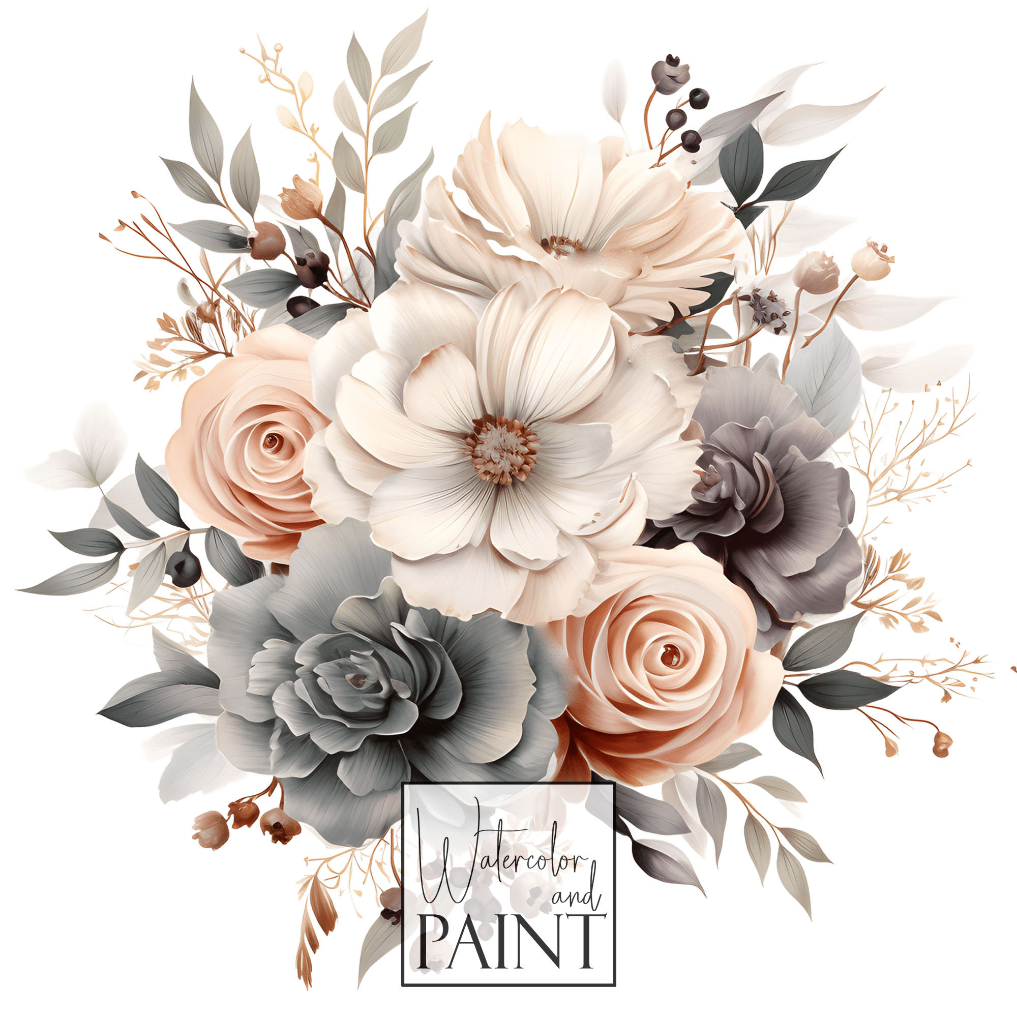 Beige and Gray Flowers, Watercolor Floral, PNG Format, Instant Download ...