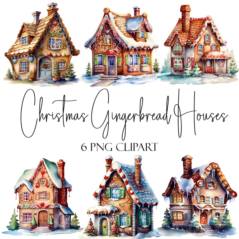 Christmas Gingerbread Houses, Watercolor Elements, PNG Format, Instant ...