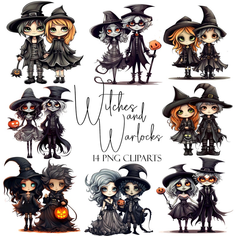Watercolor Witch and Warlock Clipart: Halloween PNG Elements (digital ...