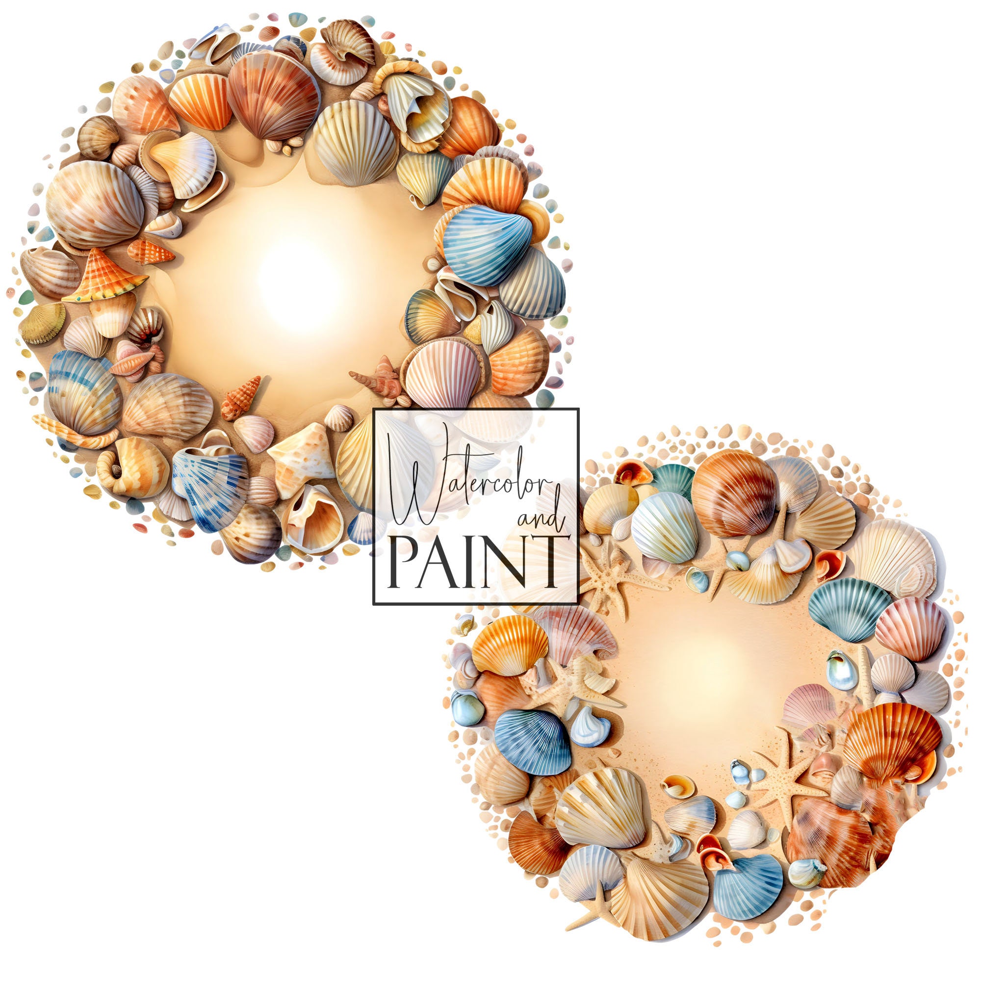 Seashell Circles, Watercolor Clipart, Beach Elements, 14 Pngs, Instant ...