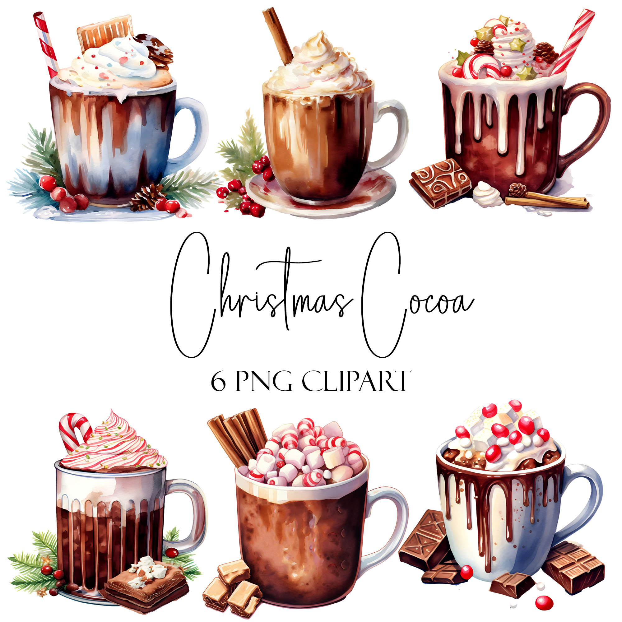 Christmas Cocoa, Watercolor Clipart, PNG Format, Instant Download ...