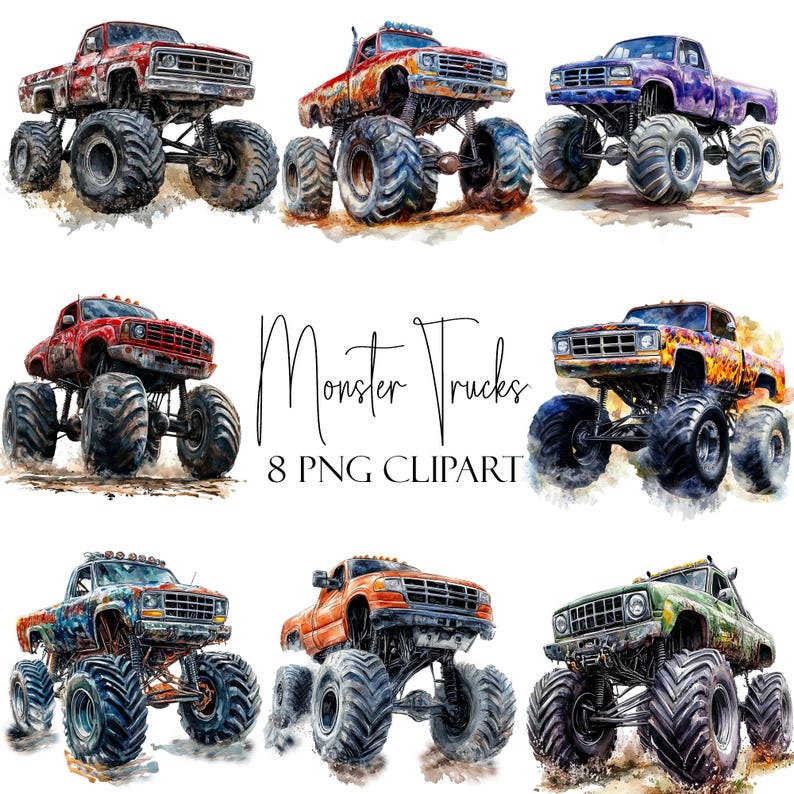 Watercolor Monster Truck Clipart Bundle, 8 Transparent Pngs, Commercial ...