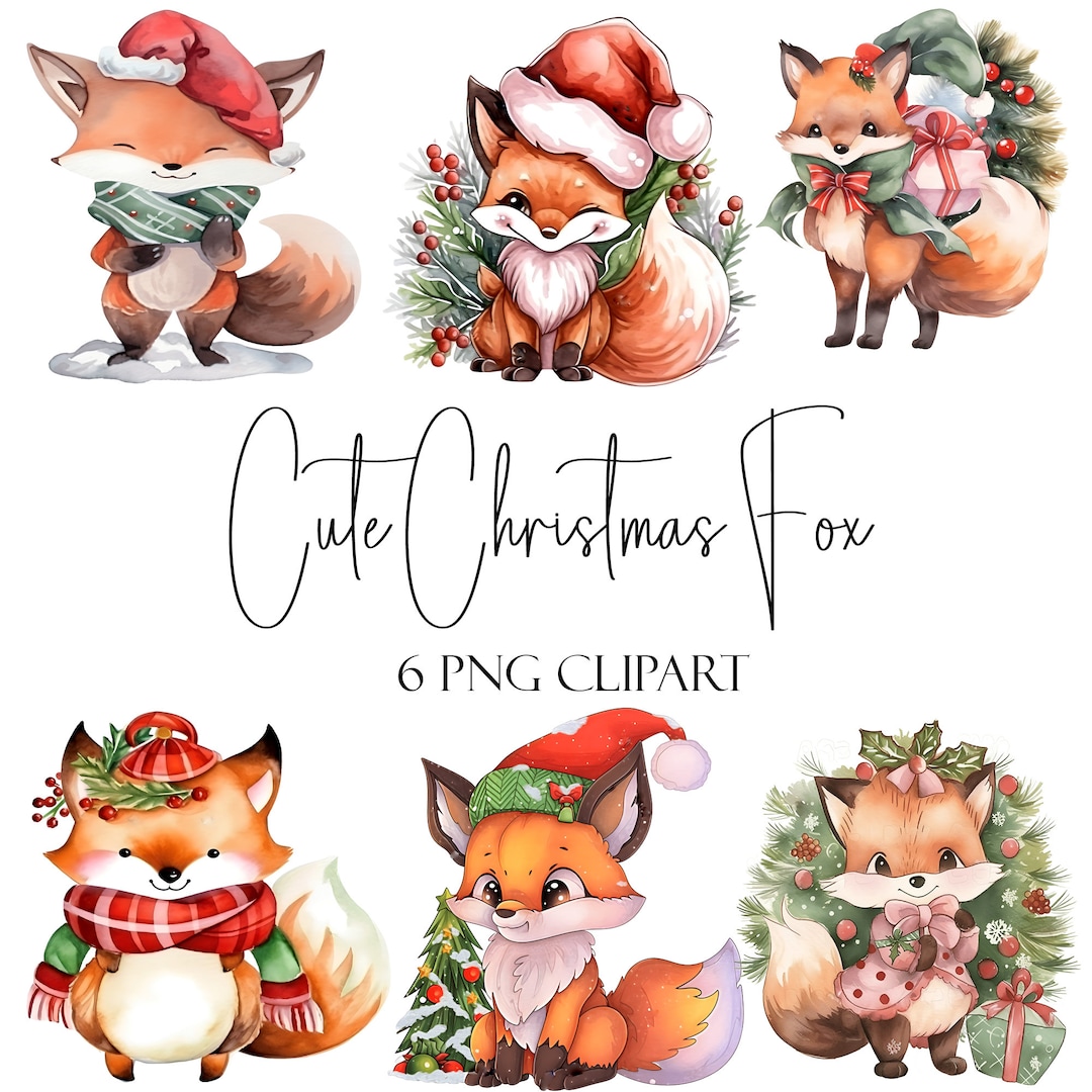 Cute Christmas Fox, Watercolor Clipart, PNG Format, Instant Download ...