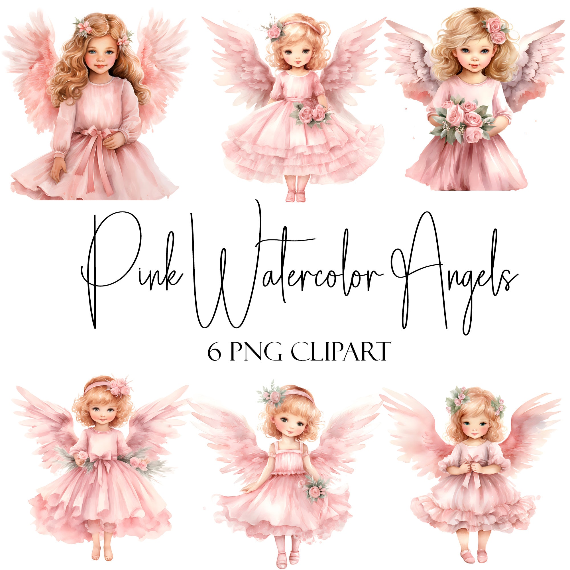 Pink Angels, Watercolor Clipart, PNG Format, Instant Download ...