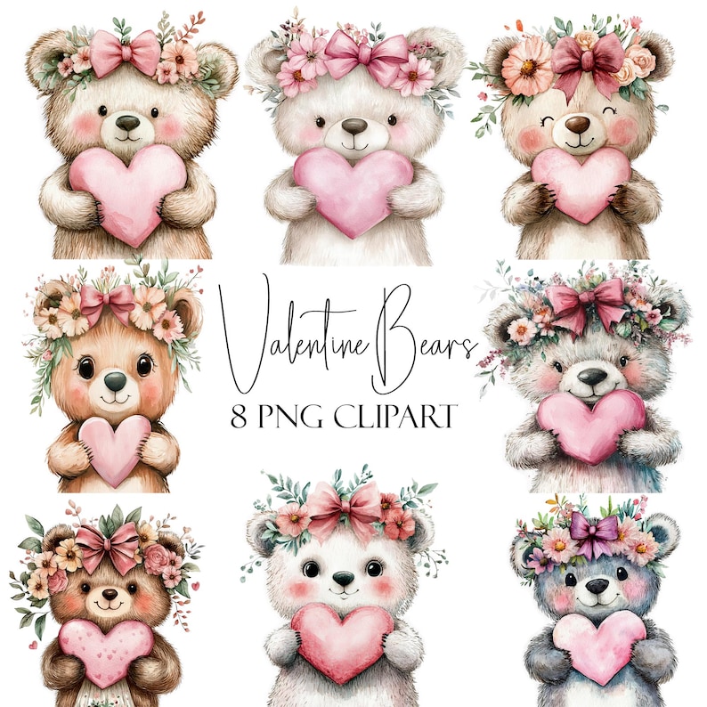 Valentine Bears, Watercolor Clipart, 8 Pngs, Instant Download ...