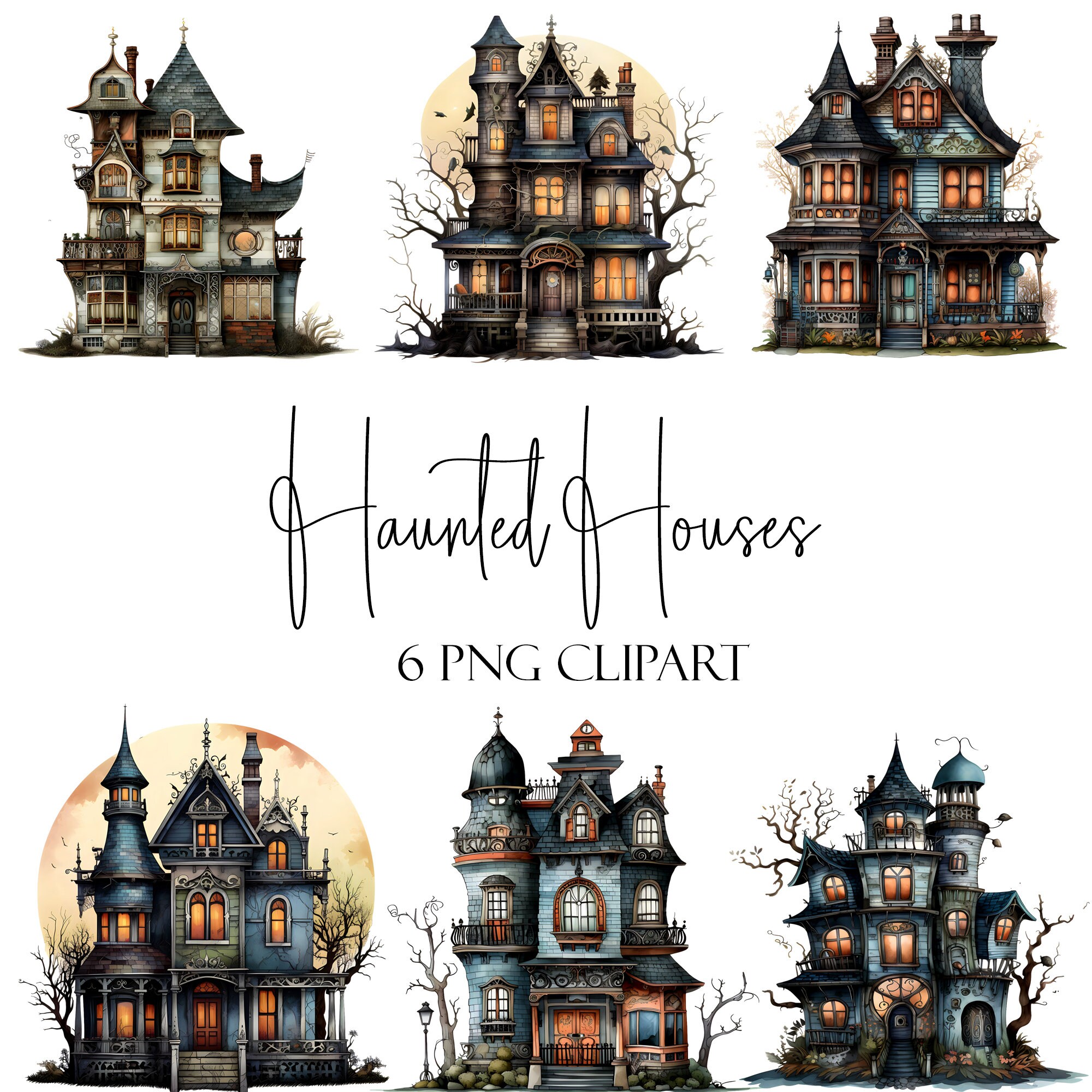 Haunted House Clipart, Watercolor Halloween Elements, PNG Format ...
