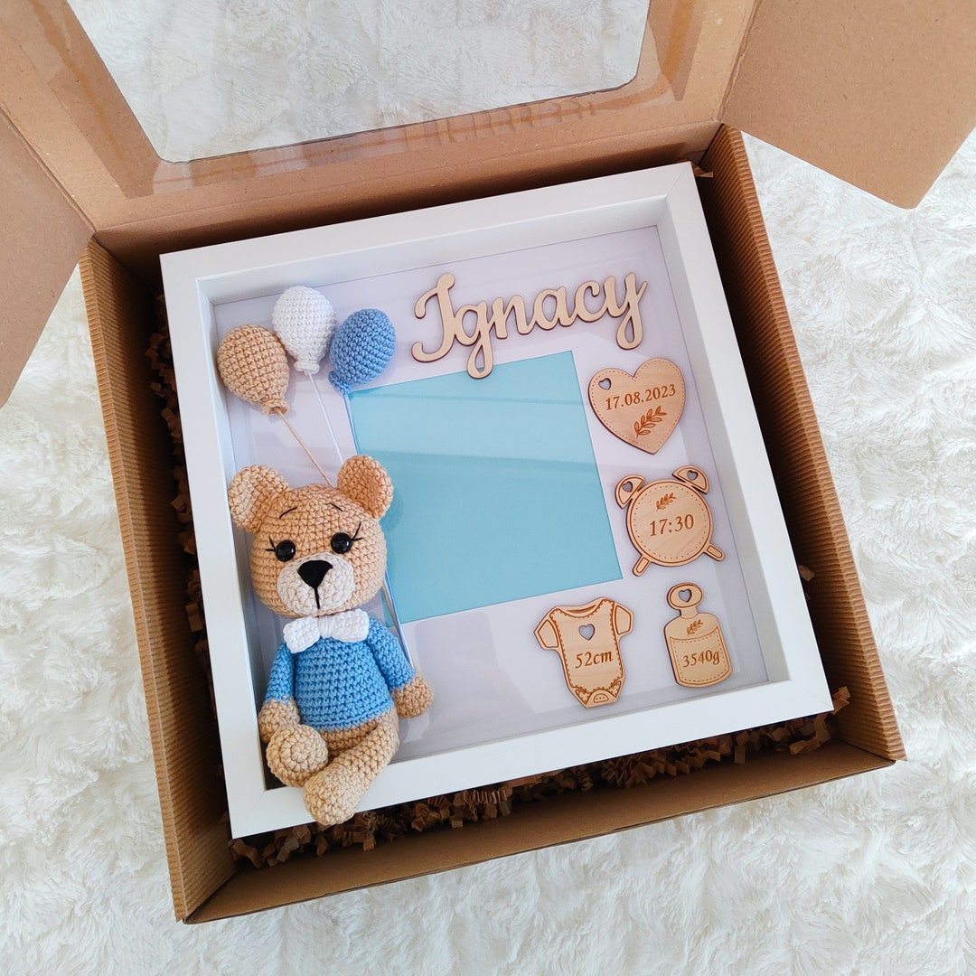 Personalized Birth Stats Photo Frame With Crochet Teddy Bear for Baby ...