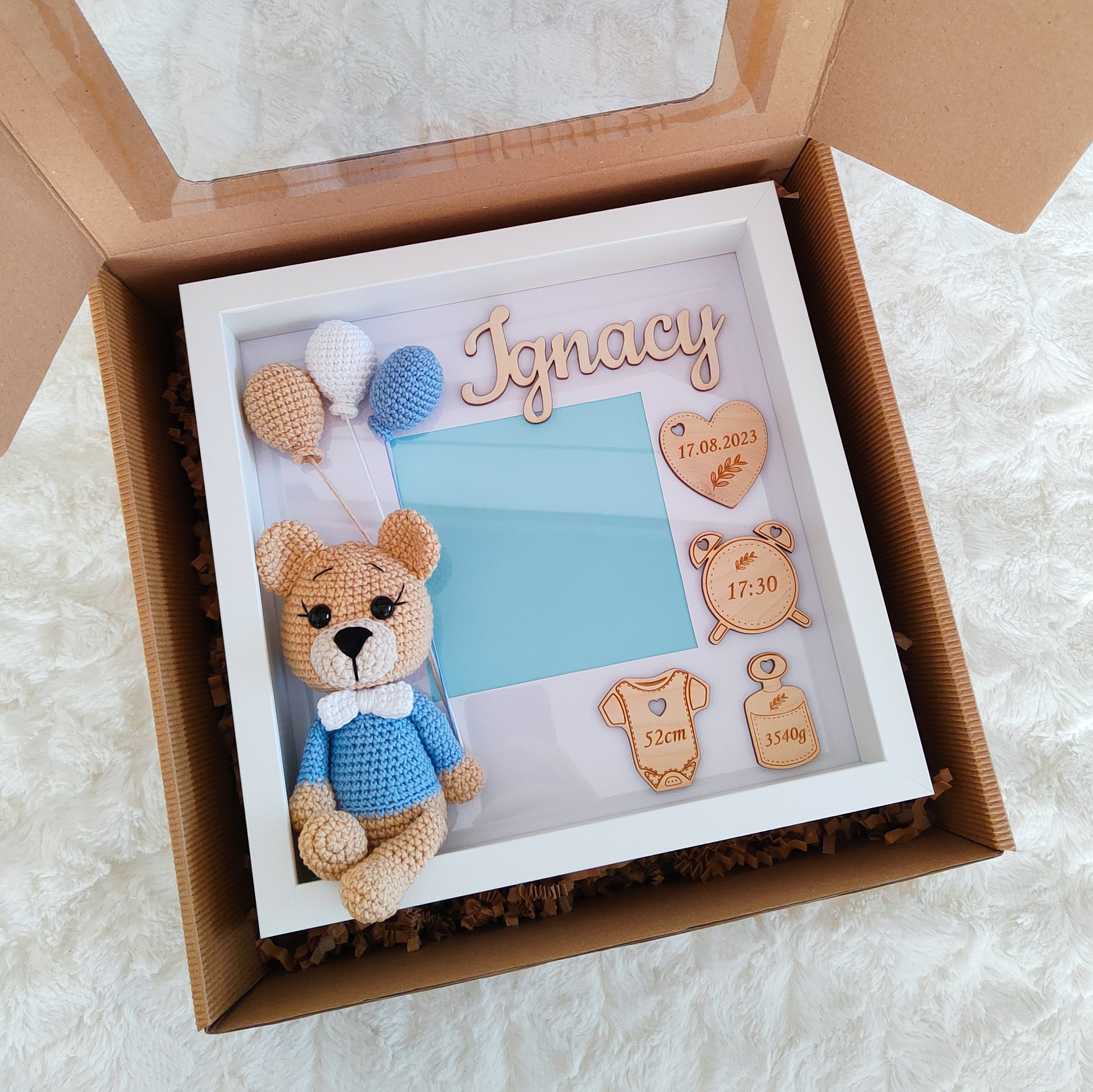 Personalized Birth Stats Photo Frame With Crochet Teddy Bear for Baby ...