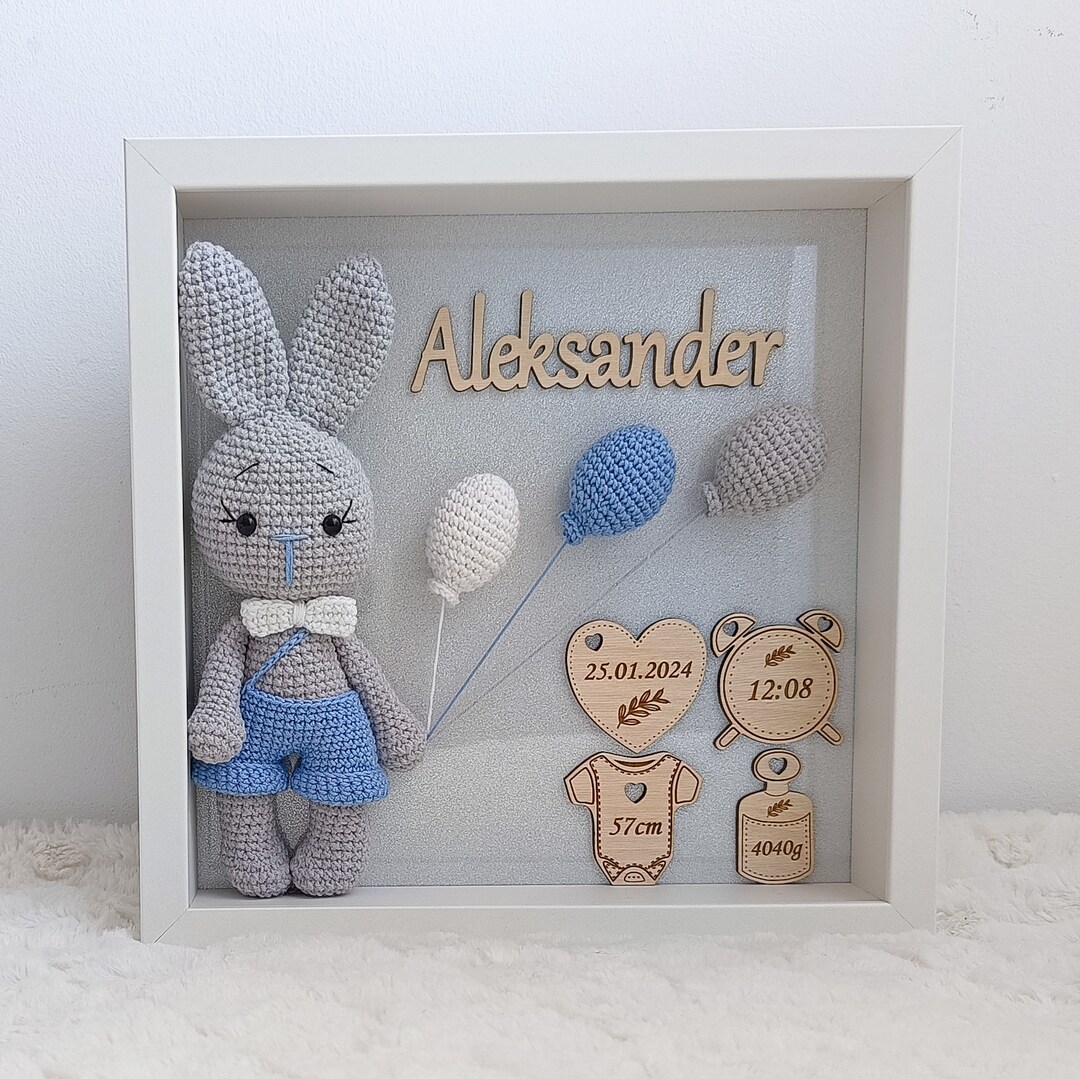 Personalized Baby Birth Stats Frame With Handcrafted Crochet Bunny Boy ...