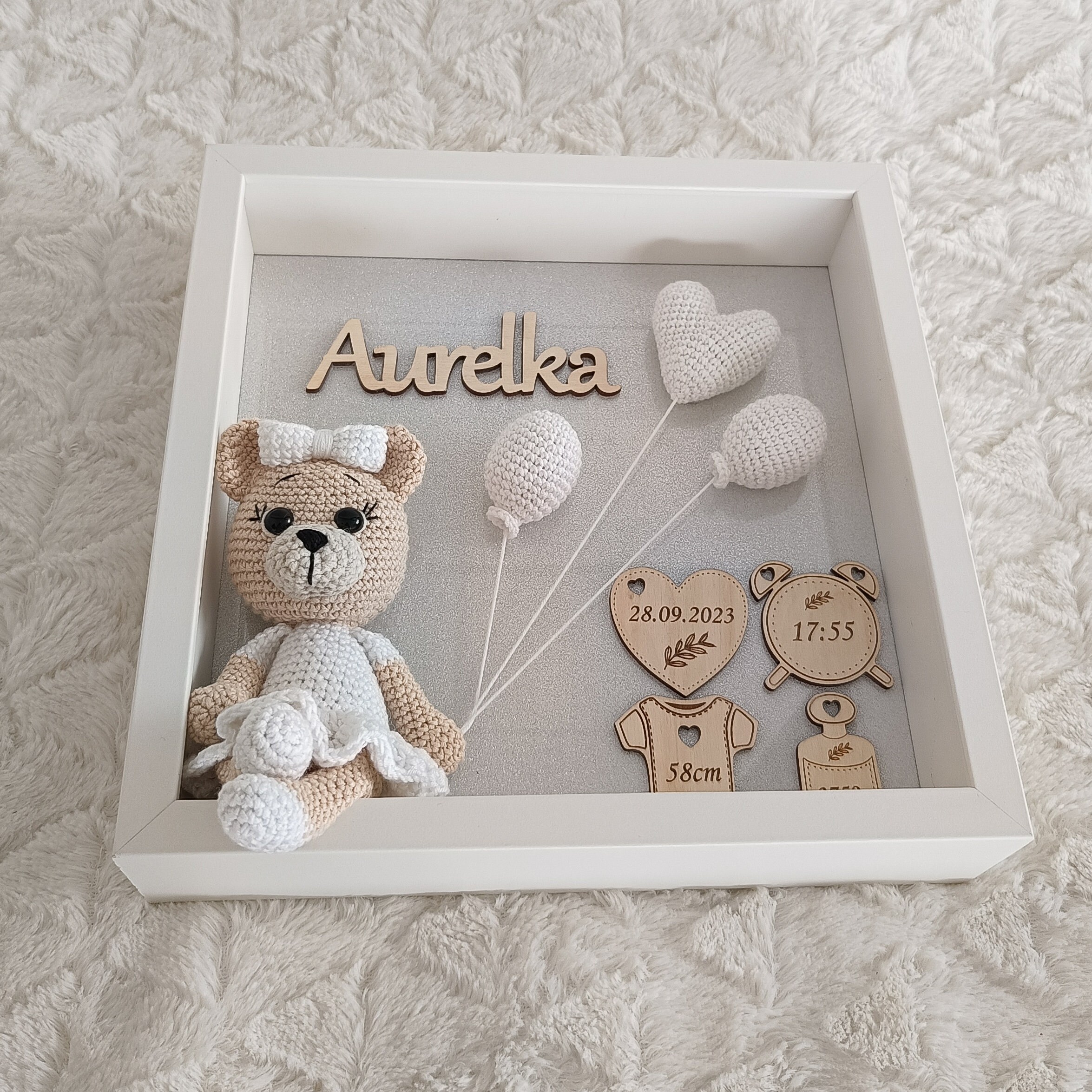 Custom Baby Girl Birth Stats Frame With Crochet Teddy - Unique ...