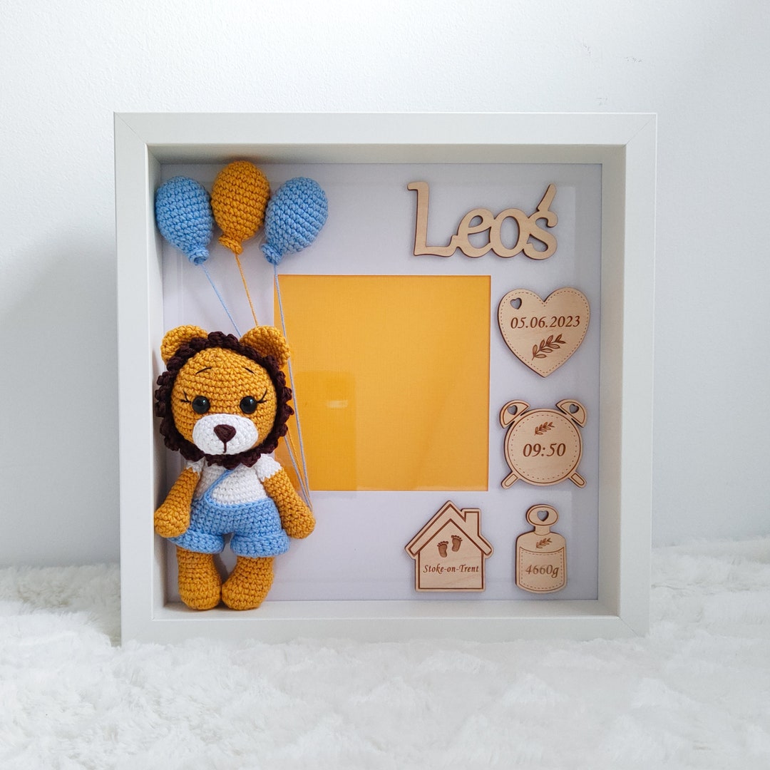 Personalized Baby Birth Stats Frame With Handmade Crochet Lion - Birth ...